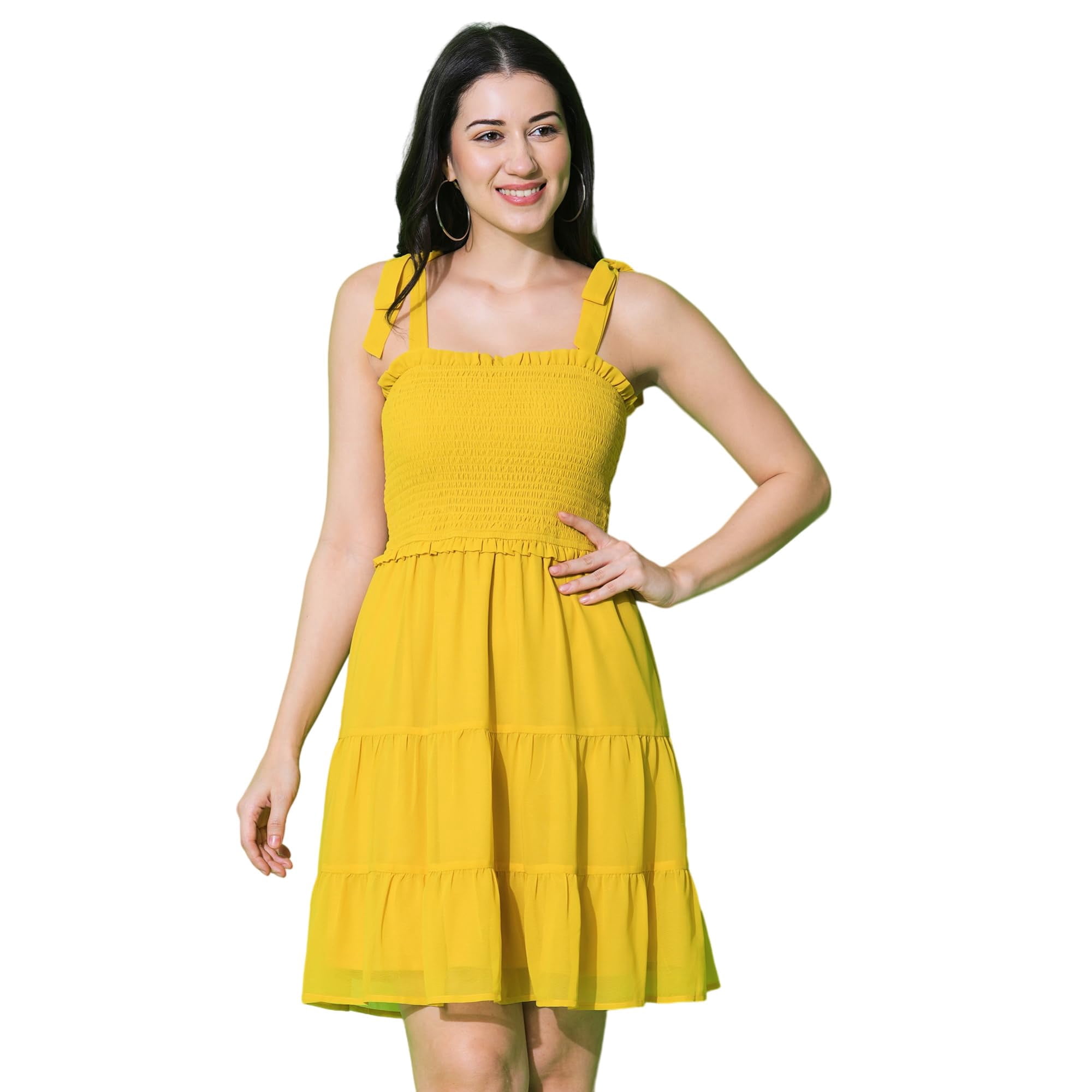 Globus Women Georgette Shoulder Straps Smocked Fit & Flare Dress ...