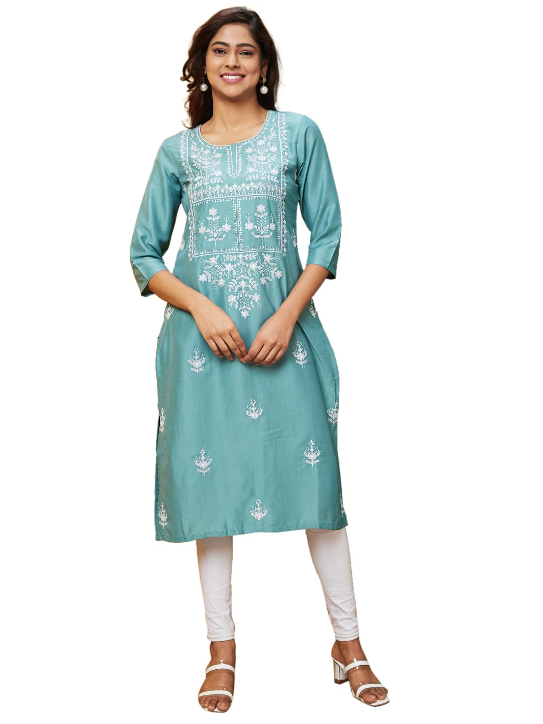 Globus Women Green Ethnic Motifs Embroidered Straight Kurta - Walmart.com