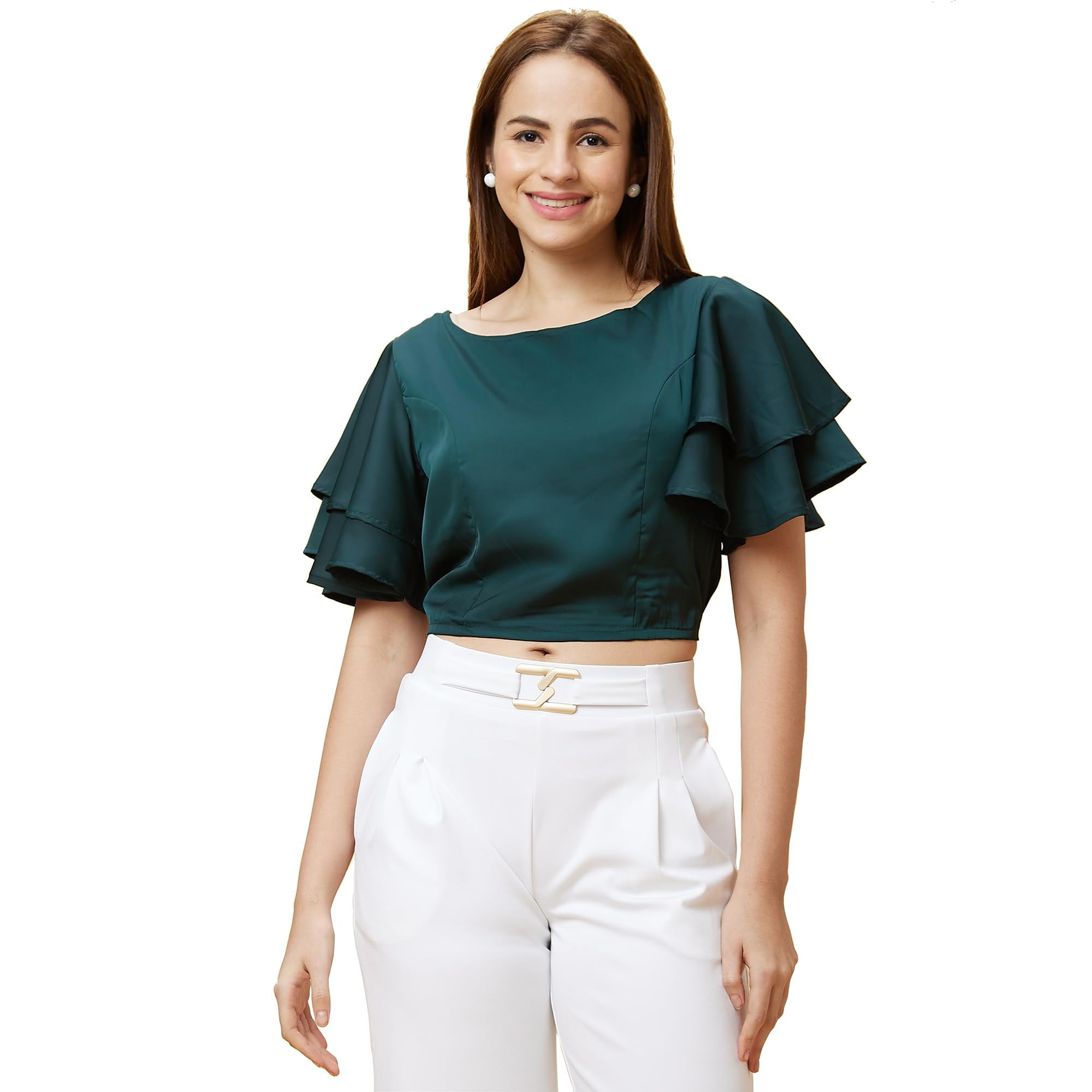 Globus Women Green Flared Sleeve Cropped Top - Walmart.com