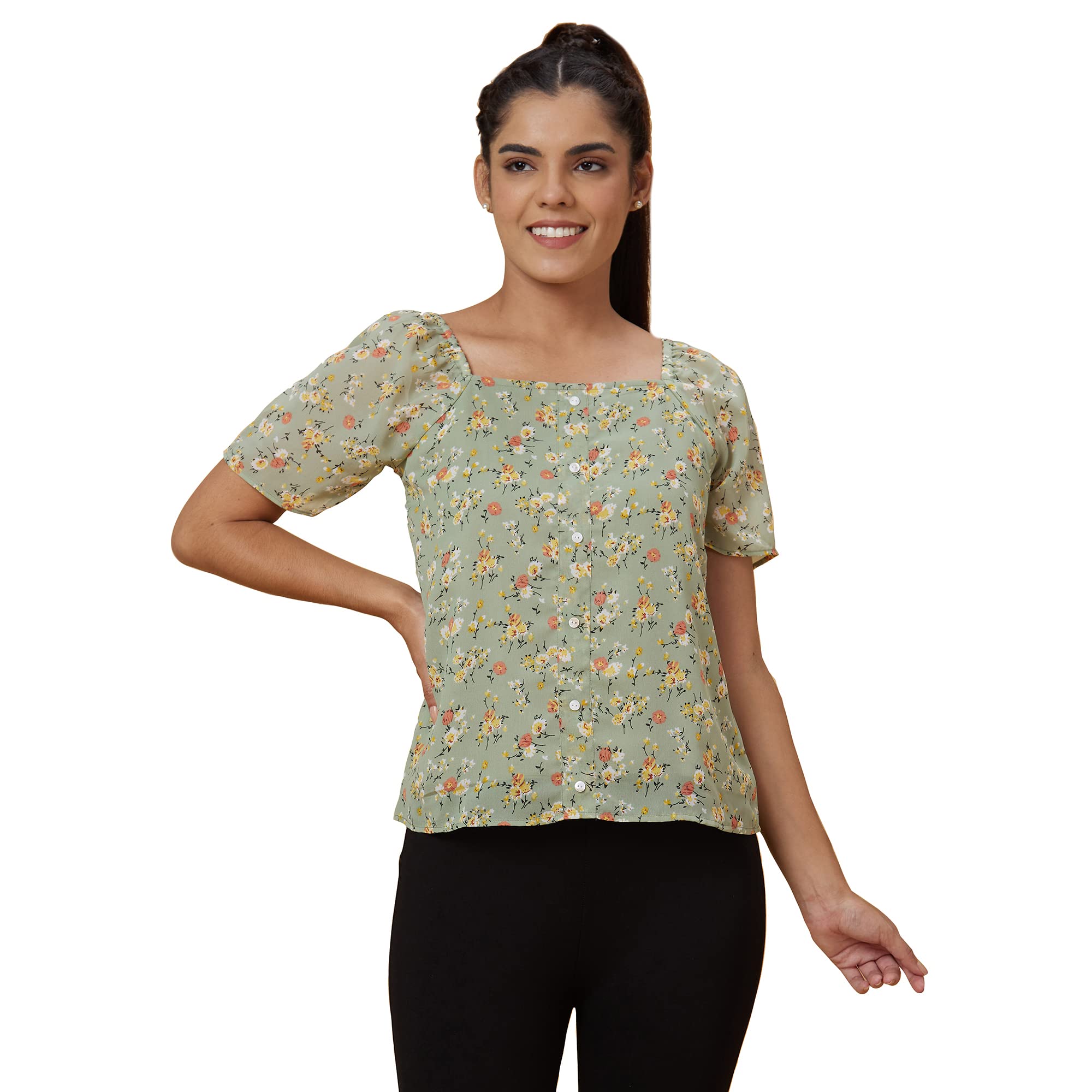 Globus Women Green Floral Printed Square Neck Top - Walmart.com