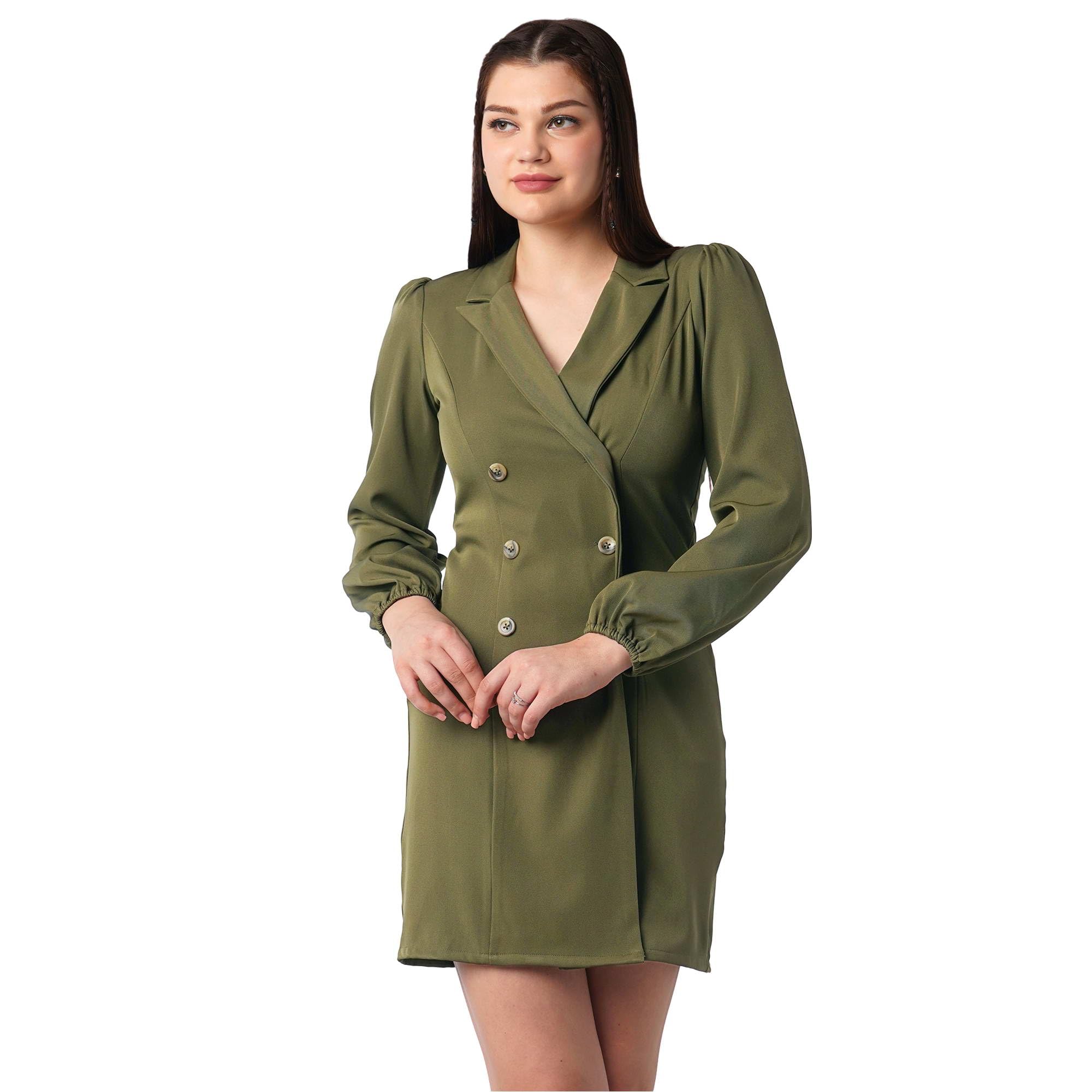 Globus Women Green Peak Lapel Bishop Sleeves Button Detail Mini ...