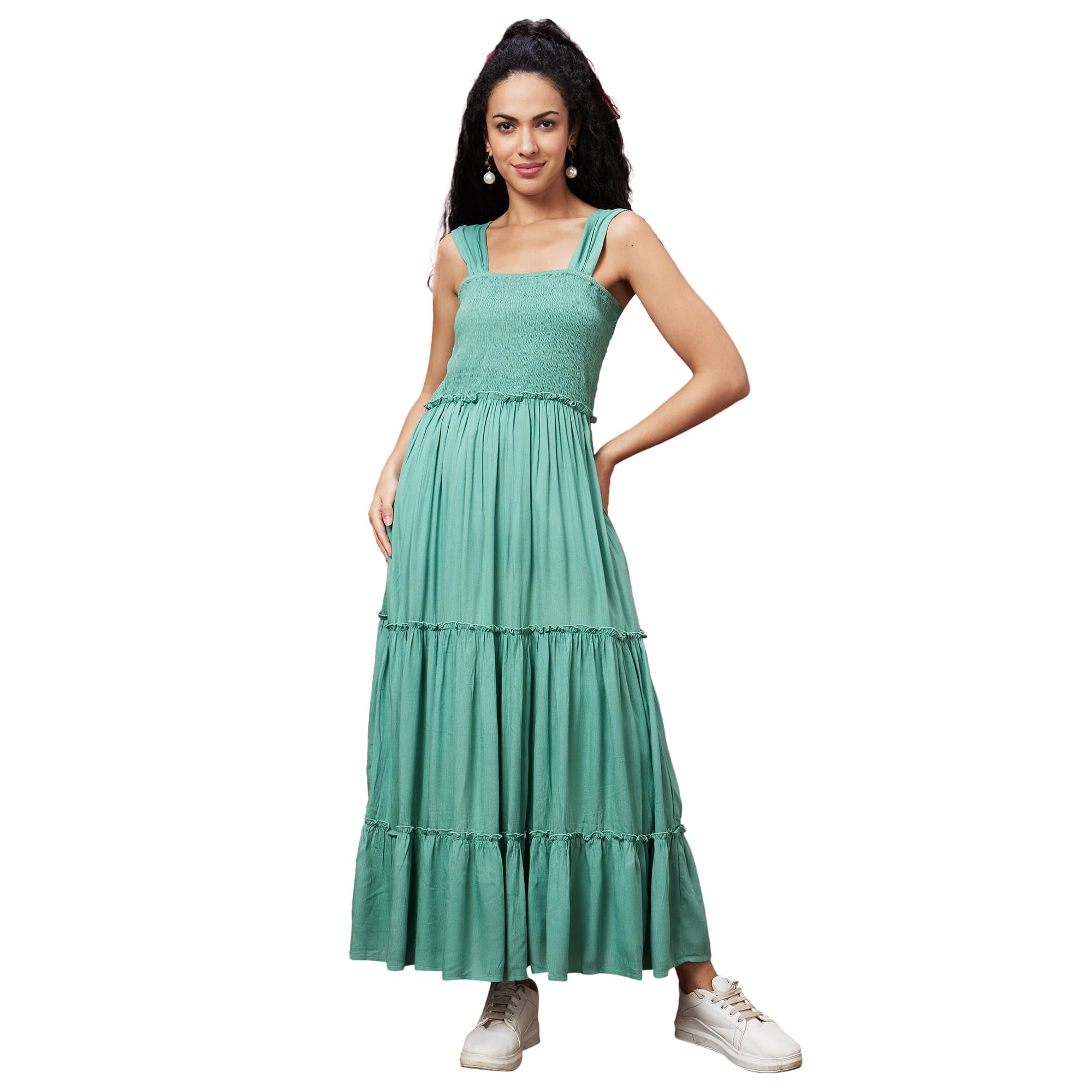 Globus Women Green Shoulder Straps Smocked Tiered Fit & Flare Maxi ...