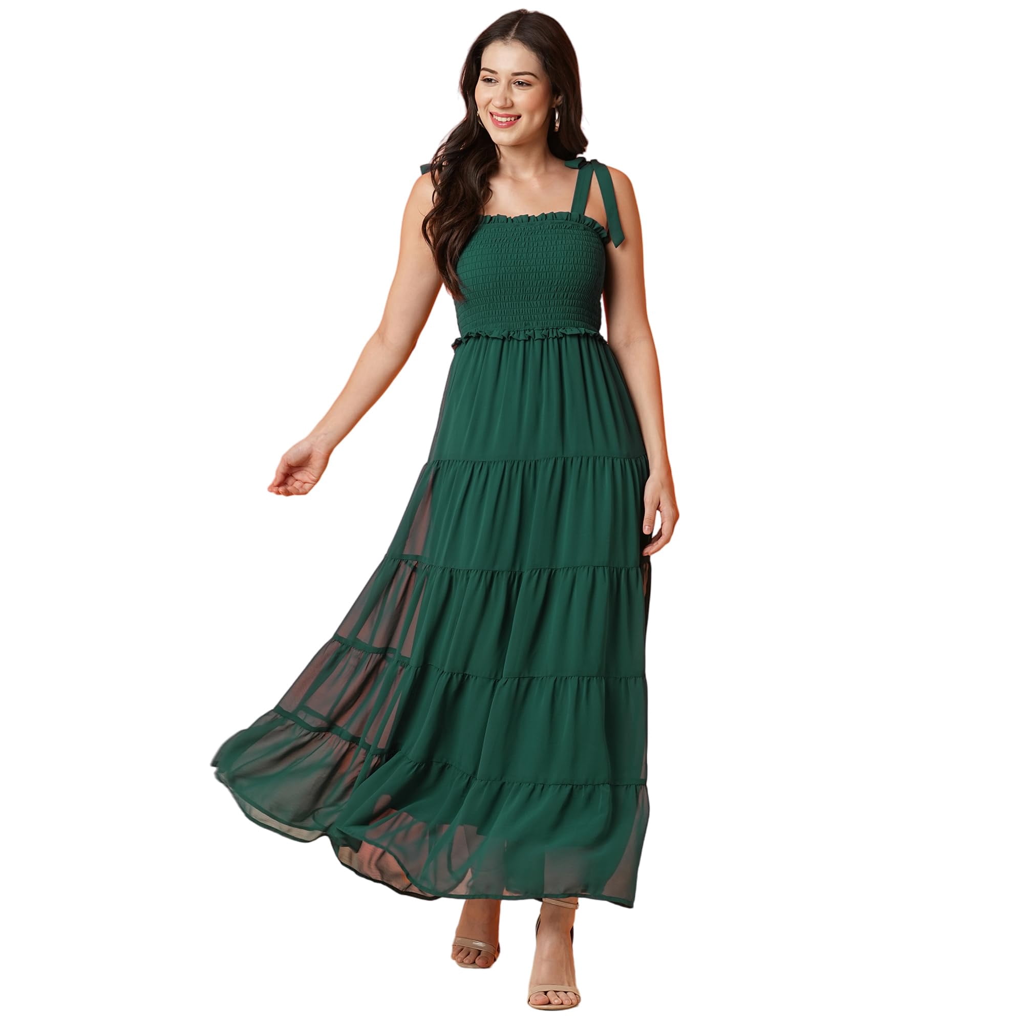 Globus Women Green Shoulder Straps Smocked Tiered Georgette Maxi Dress ...