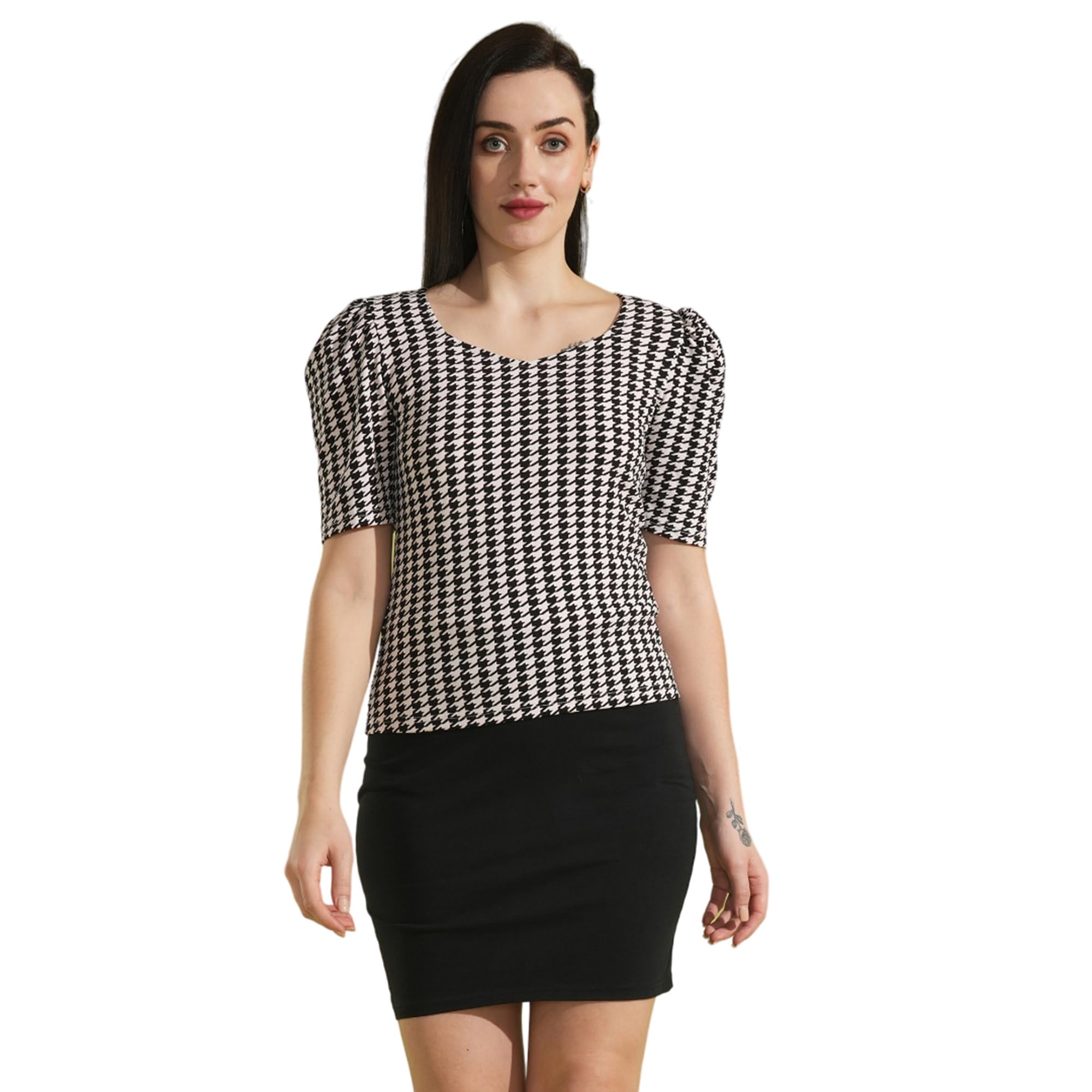 Globus Women Houndstooth Print Sweetheart Neck Puff Sleeves Workwear ...