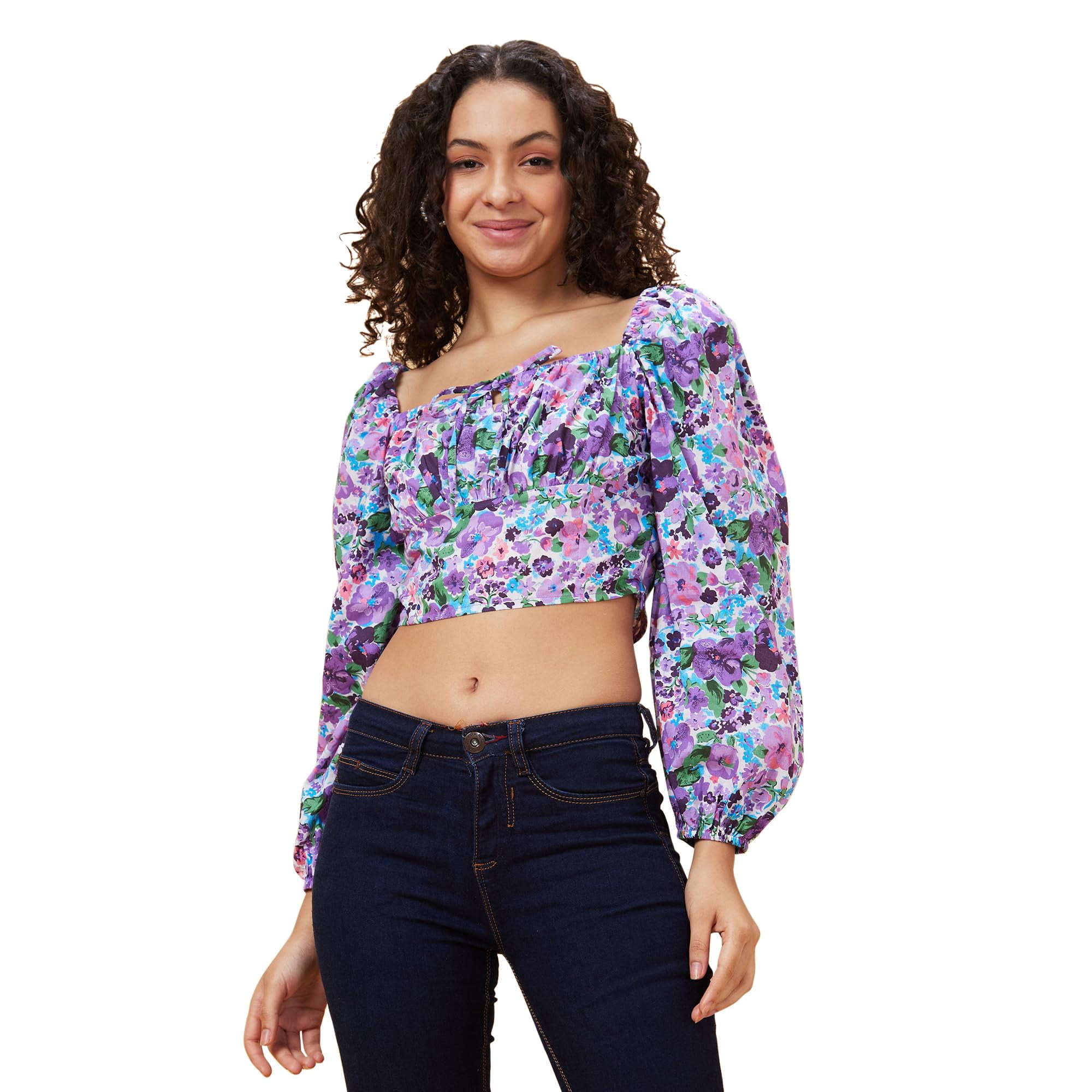 Globus Women Lavender Floral Printed Square Neck Gathered Detailed ...