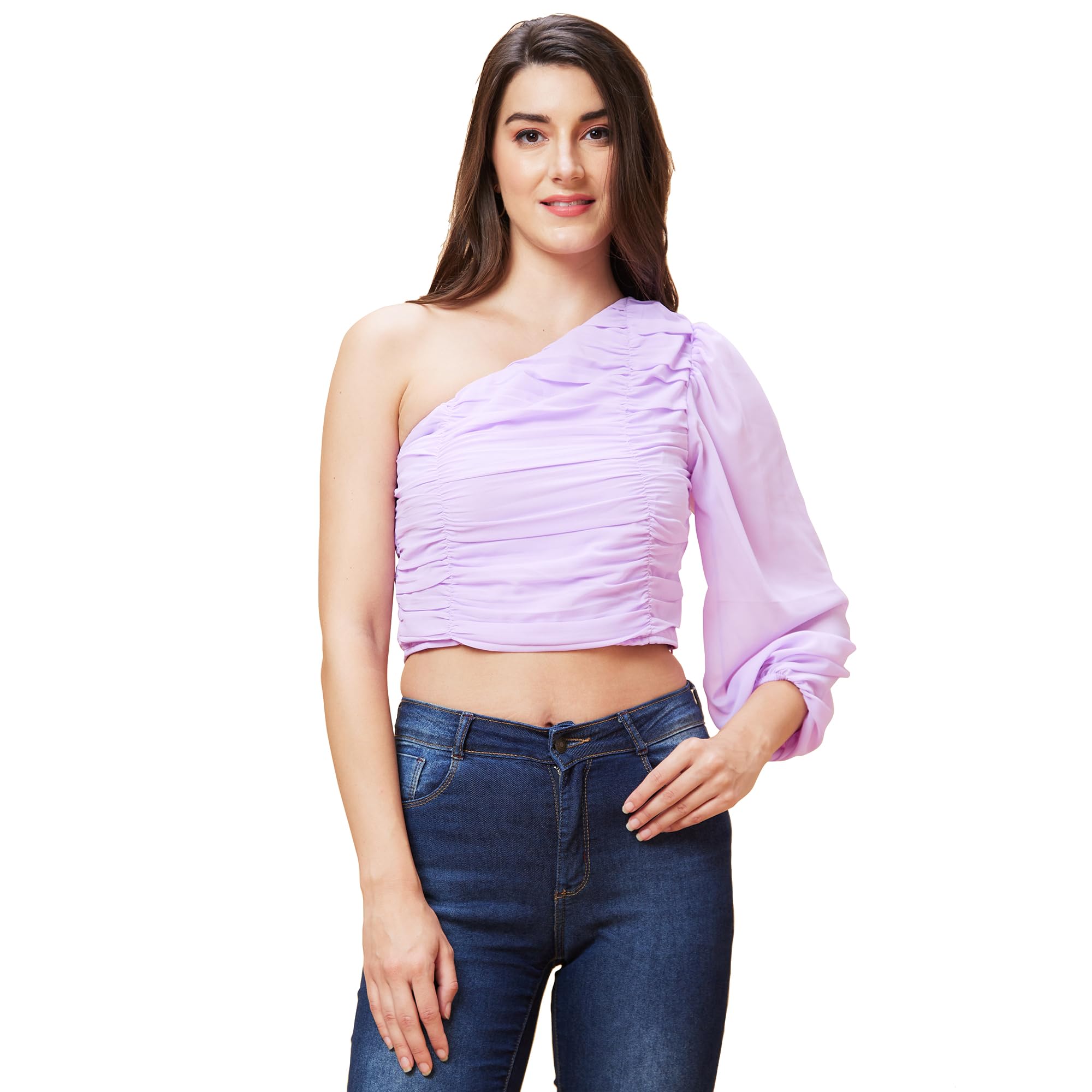 Globus Women Lavender Gathered Detailed One Shoulder Puff Sleeves Crop ...