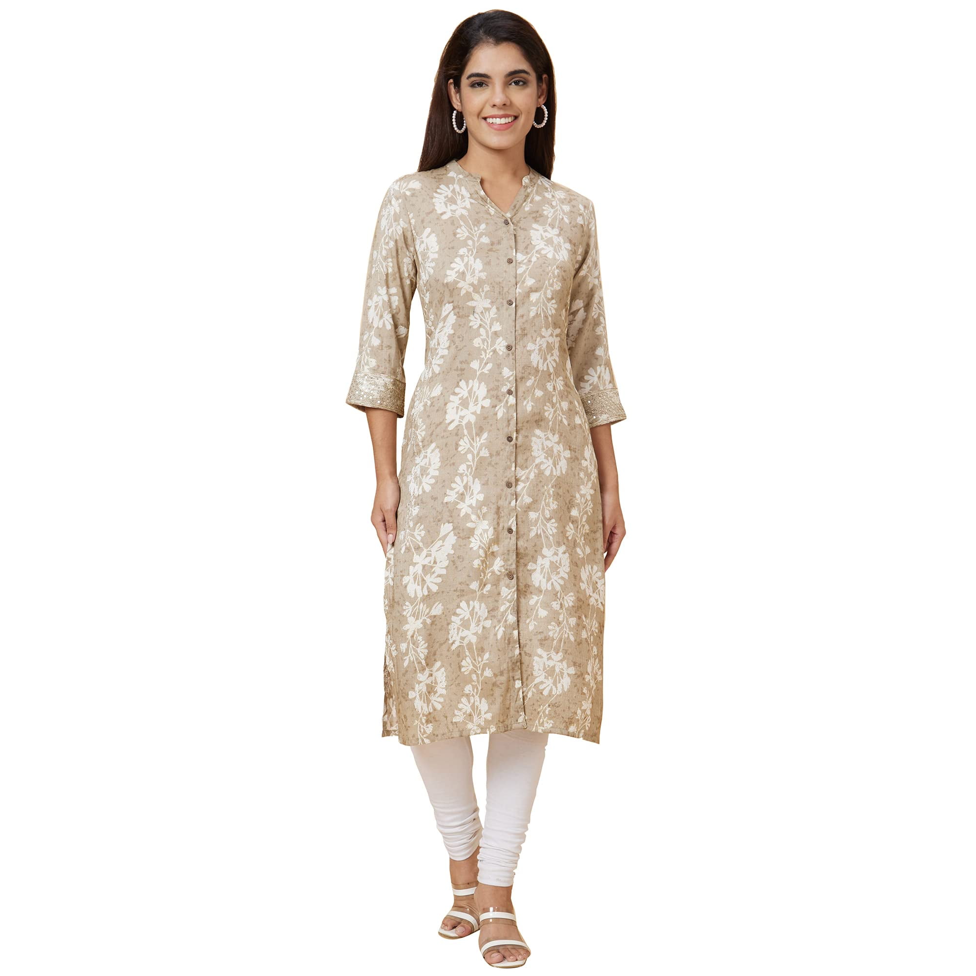 Globus Women Mandarin Collar Floral Printed Thread Work Kurta - Walmart.com