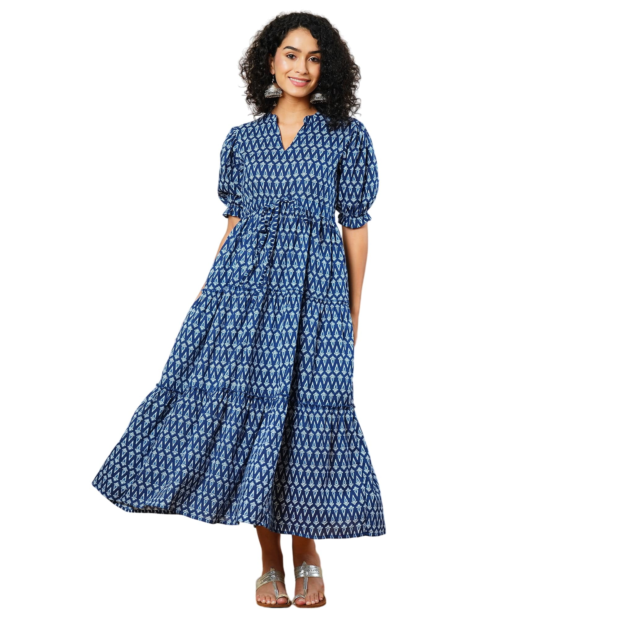 Globus Women Mandarin Collar Puff Sleeves Ethnic Motifs Tiered Fit ...