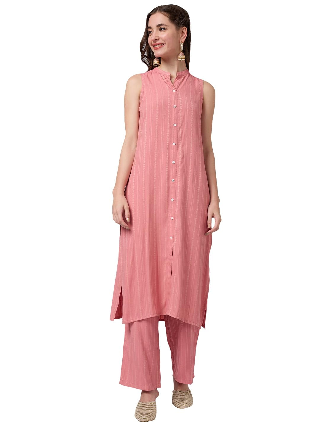 Globus Women Mandarin Collar Woven Design Front Slit A-Line Kurta With ...