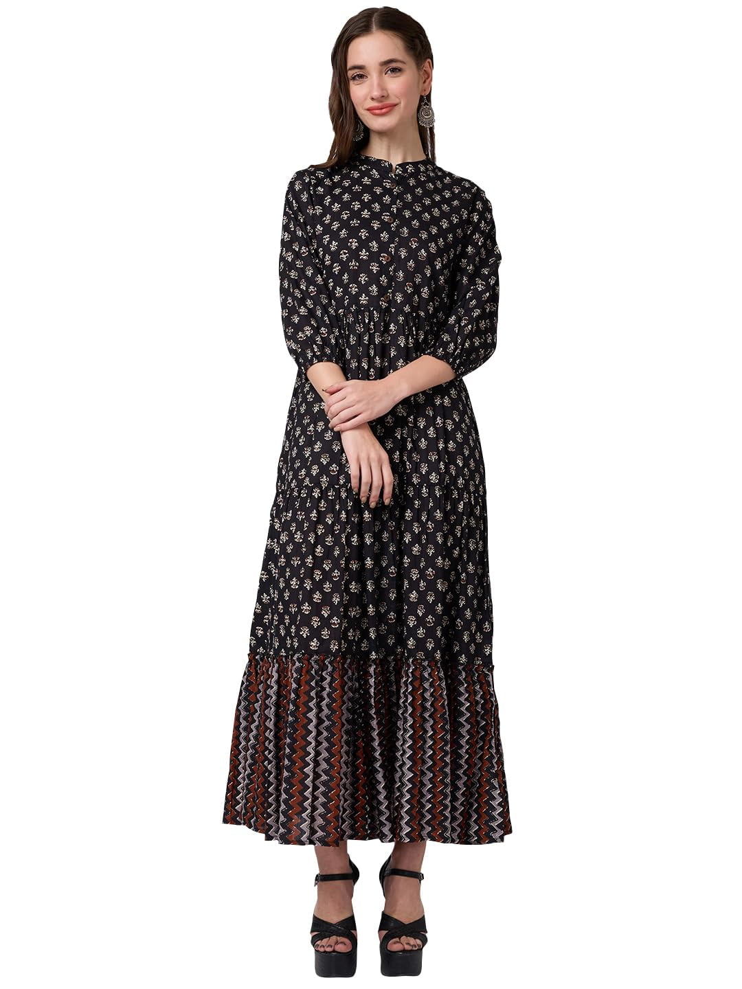 Globus Women Mandarin Neck Bishop Sleeve Ethnic Print Tiered A-Line ...