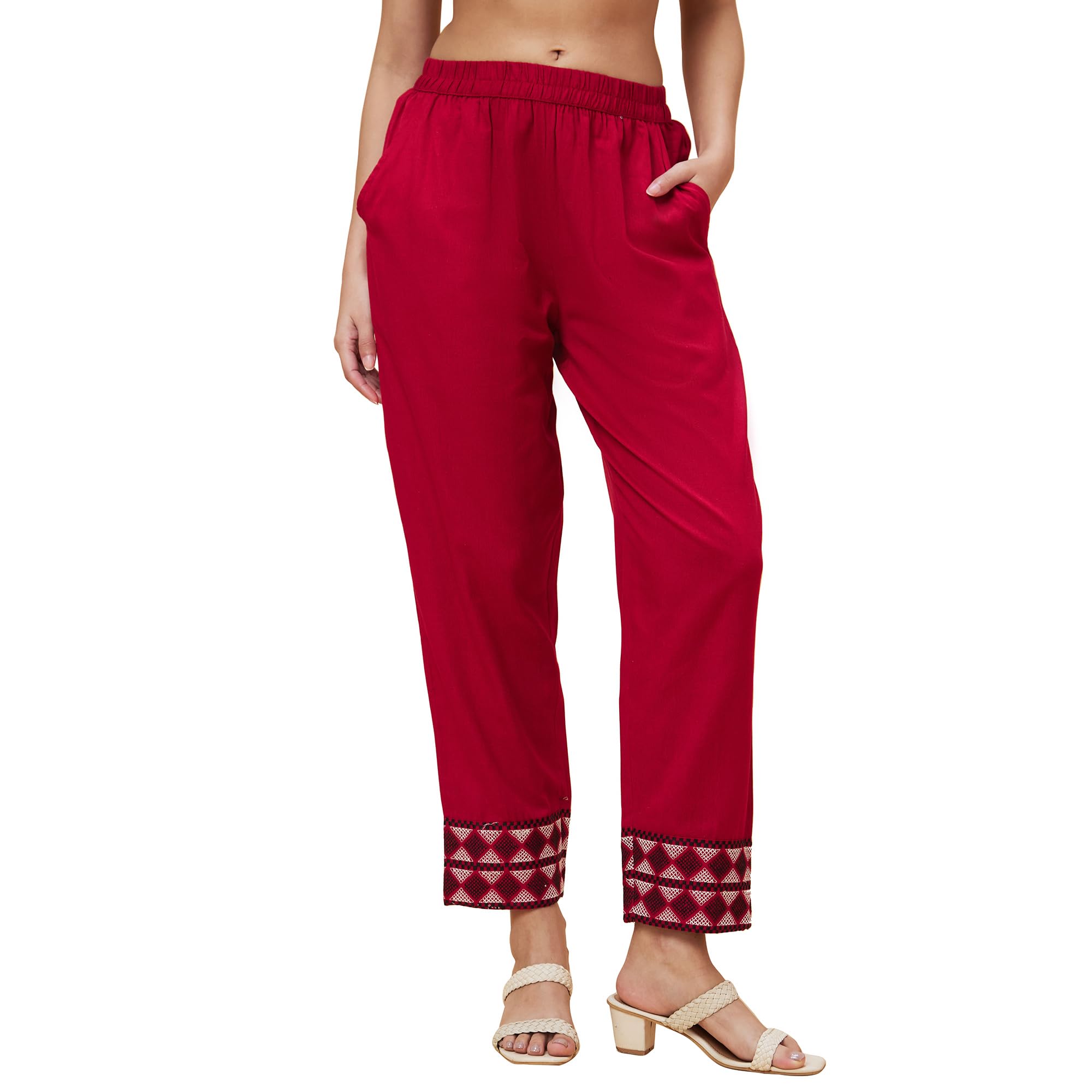 Globus Women Maroon Mid Rise Plain Pure Cotton Straight Fit Trousers ...