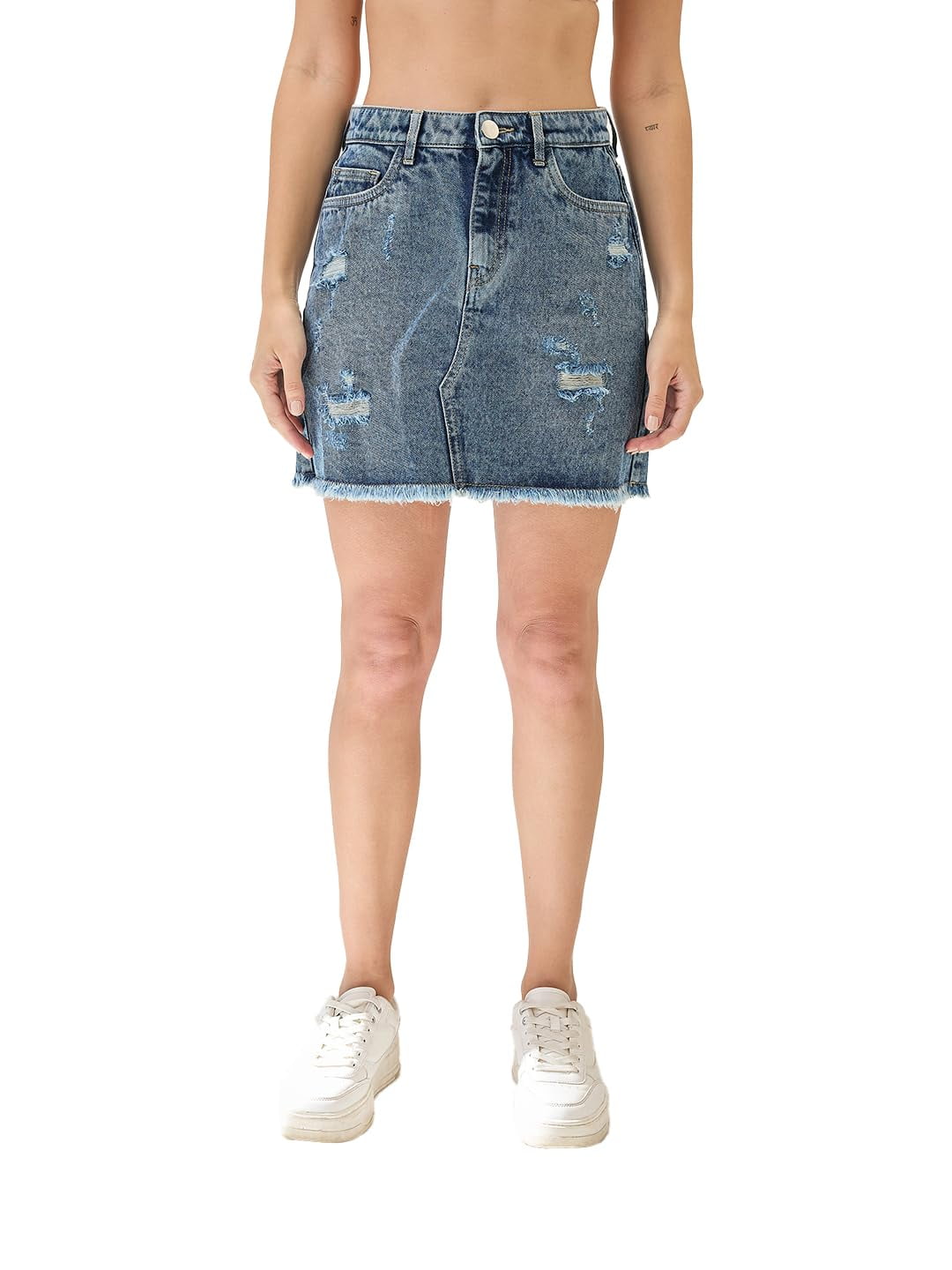 Globus Women Mid Rise Distressed & Frayed Hem Mini Denim Skirt ...