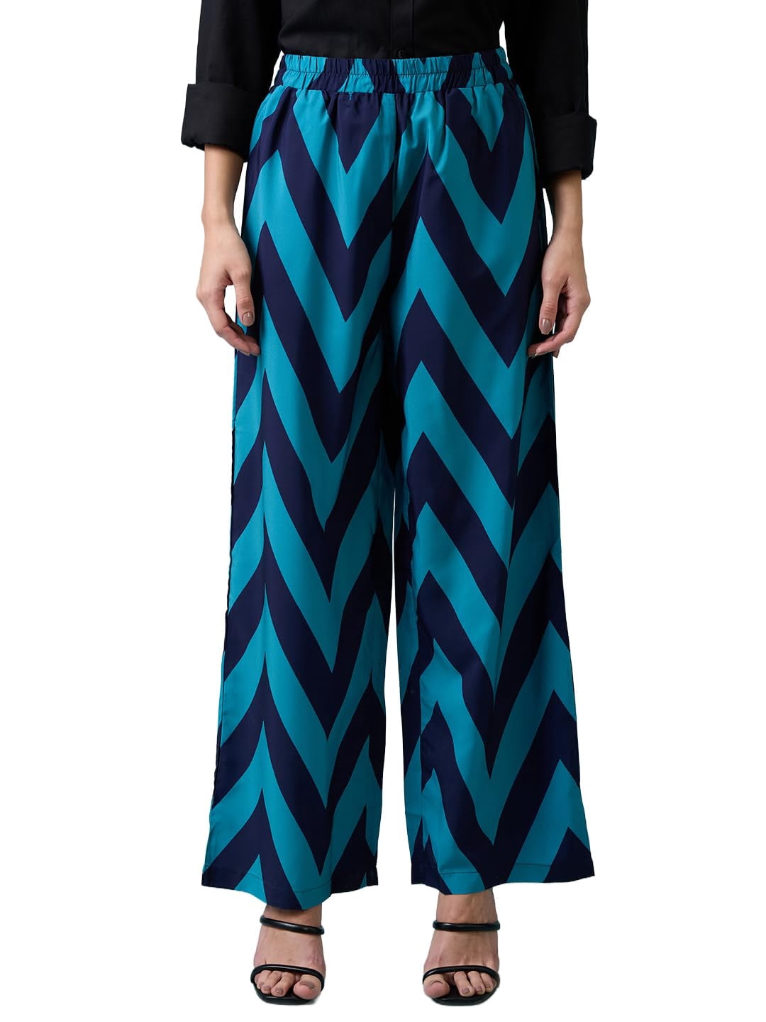 Globus Women Navy Blue Chevron Print Mid Rise Elasticated Wide Leg ...