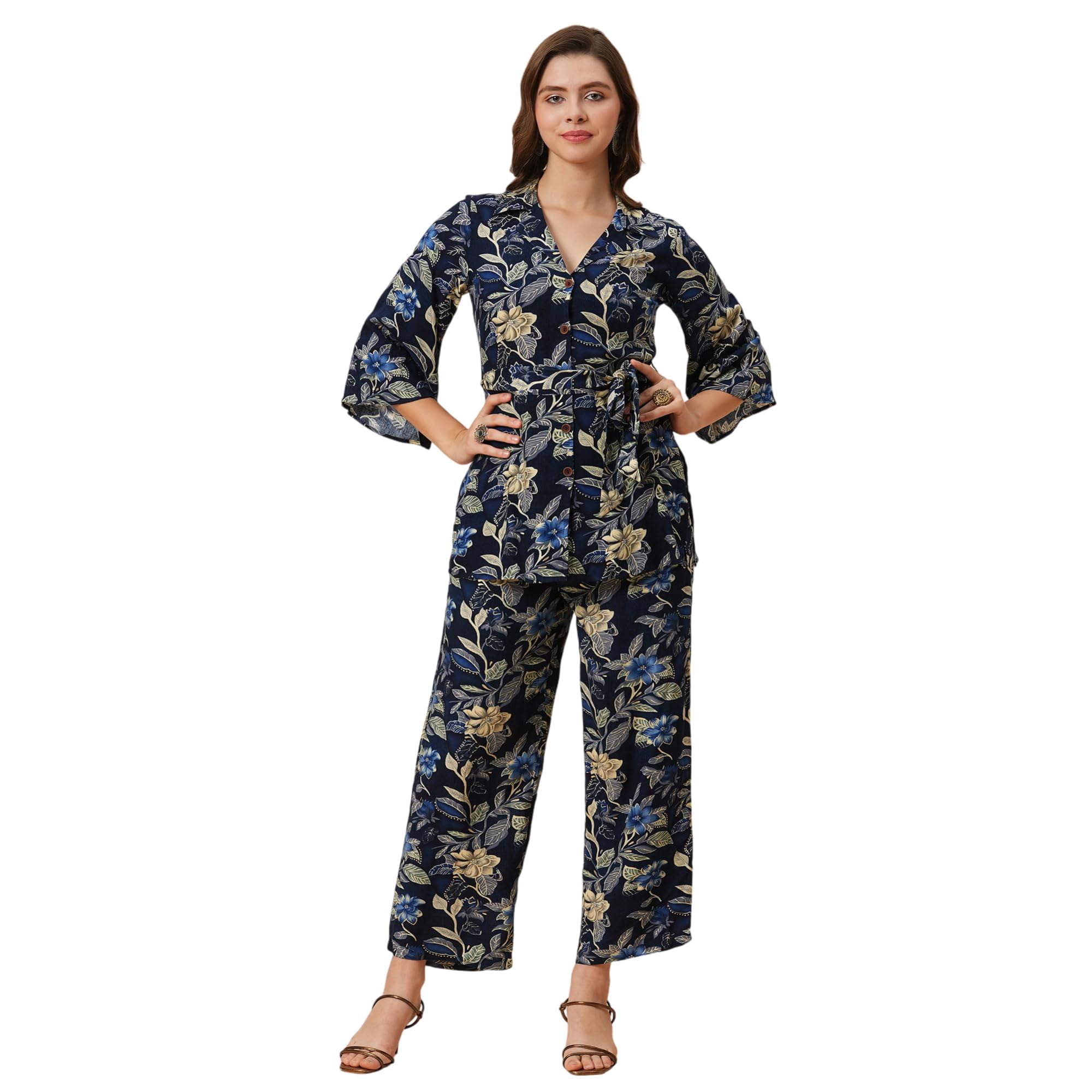 Globus Women Notch Lapel Floral Print Belted Tunic With Mid-Rise Pants ...