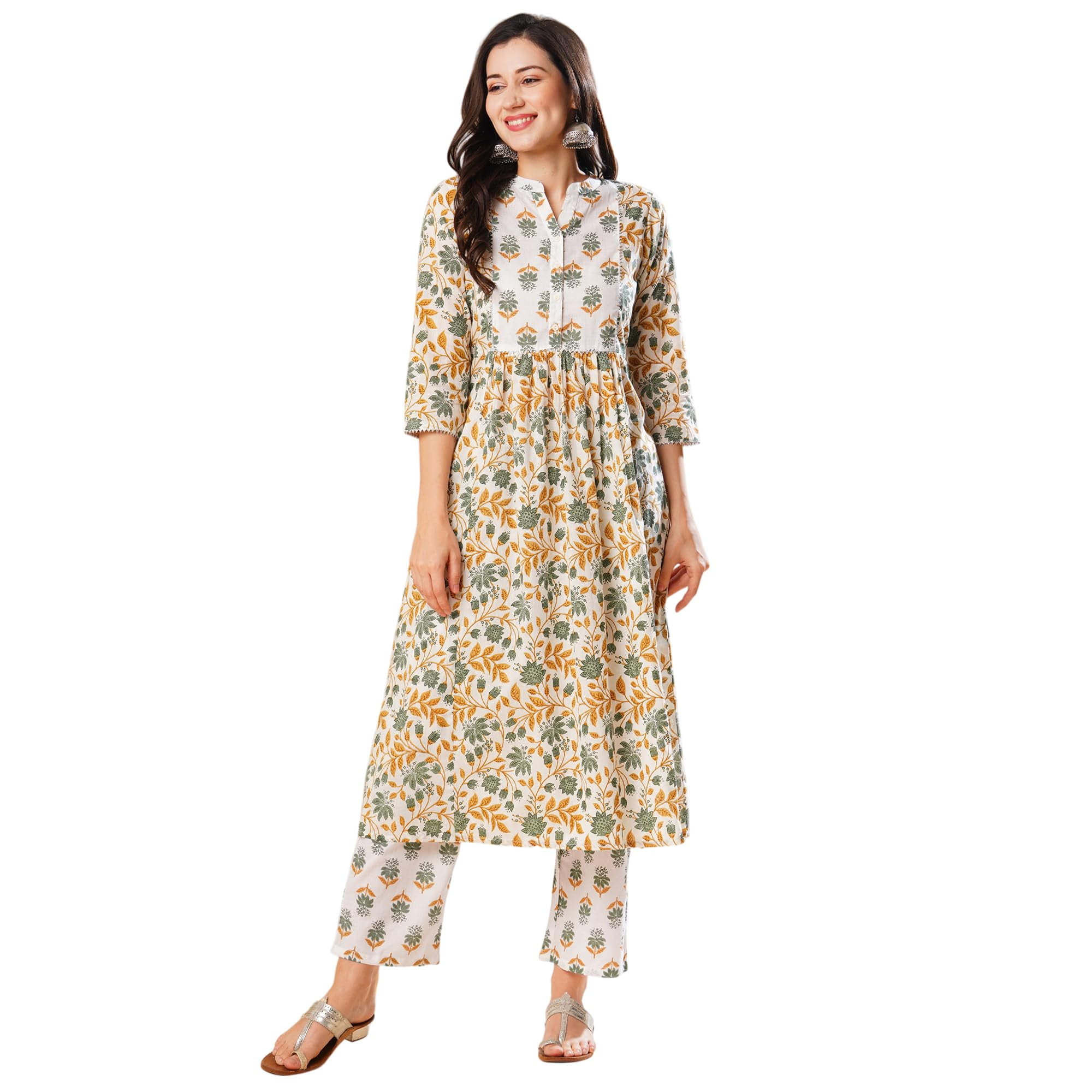Globus Women Off White Floral Print Panelled Pure Cotton A-Line Kurta ...