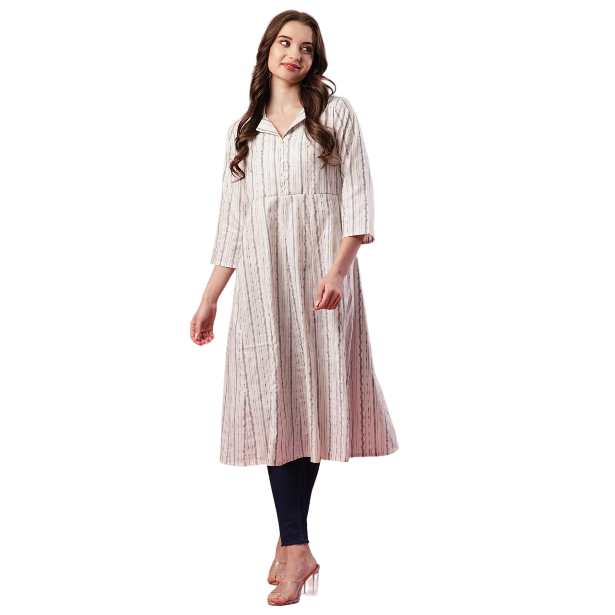 Globus Women Off White Striped Lapel Collar Pure Cotton A-Line Kurta ...