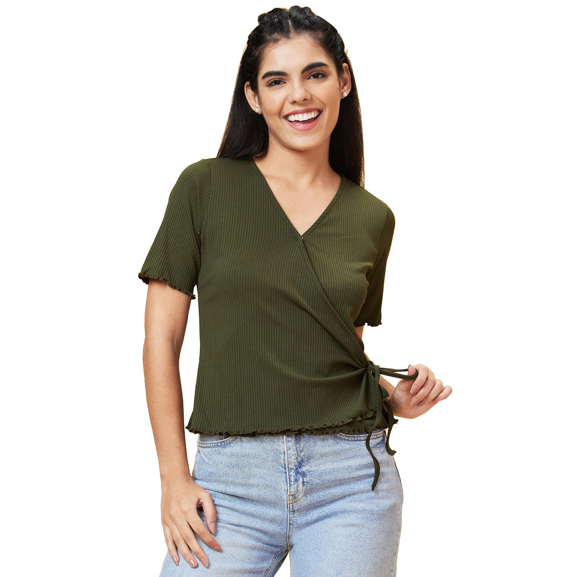 Globus Women Olive Green V-Neck Waist Tie Ups Wrap Top - Walmart.com