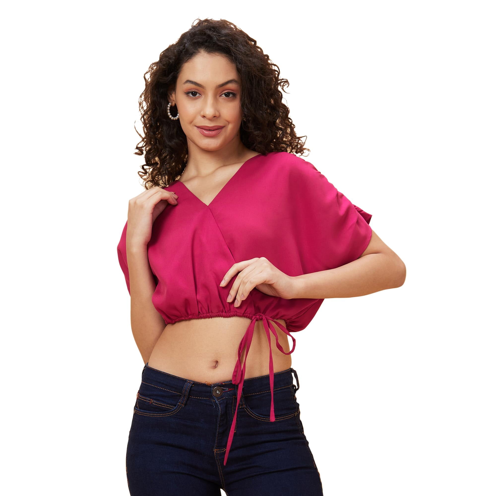 Globus Women Pink Extended Sleeves Tie-Ups Detailed Wrap Top - Walmart.com
