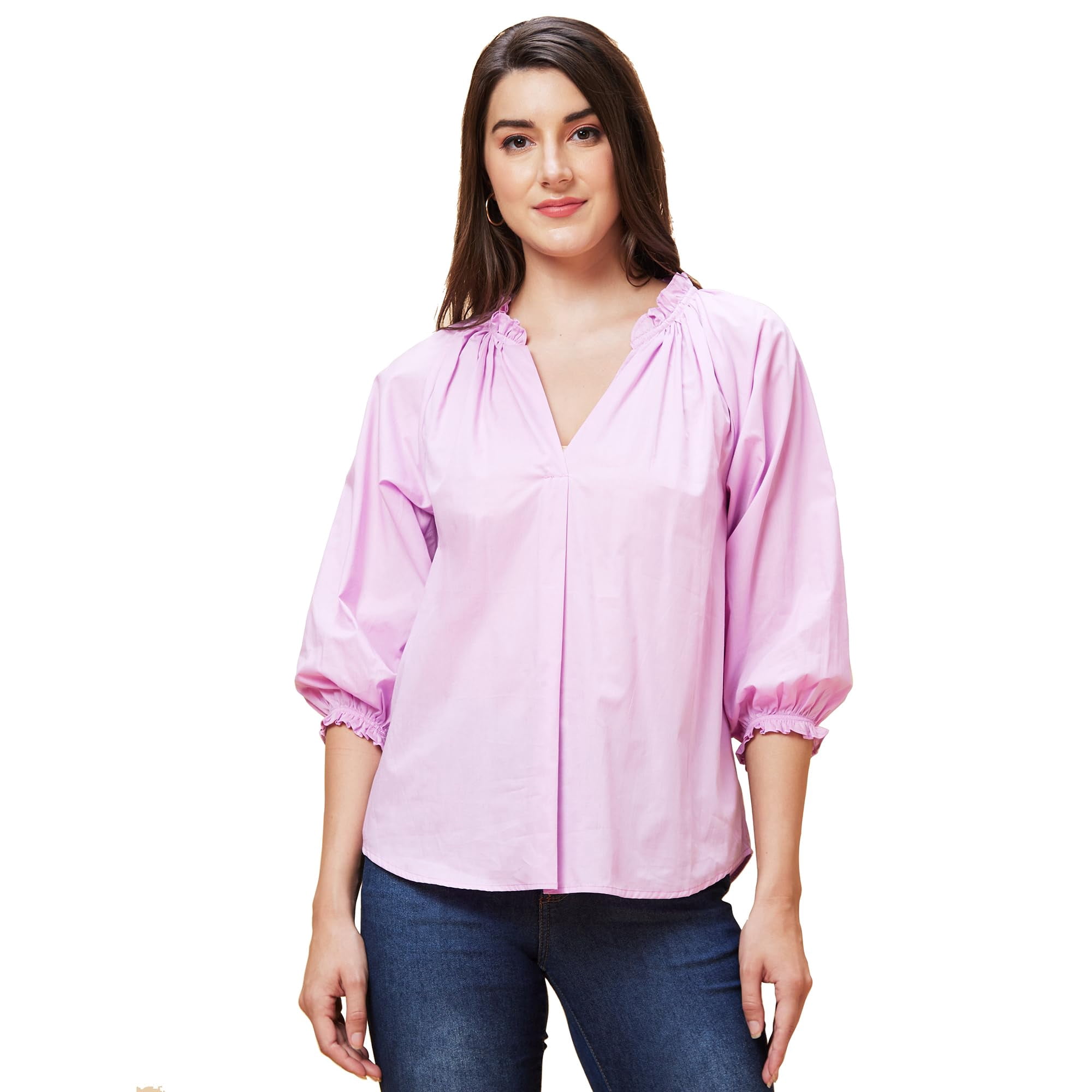 Globus Women Pink Gathered Detailed V-Neck Puff Sleeve Pure Cotton Top ...