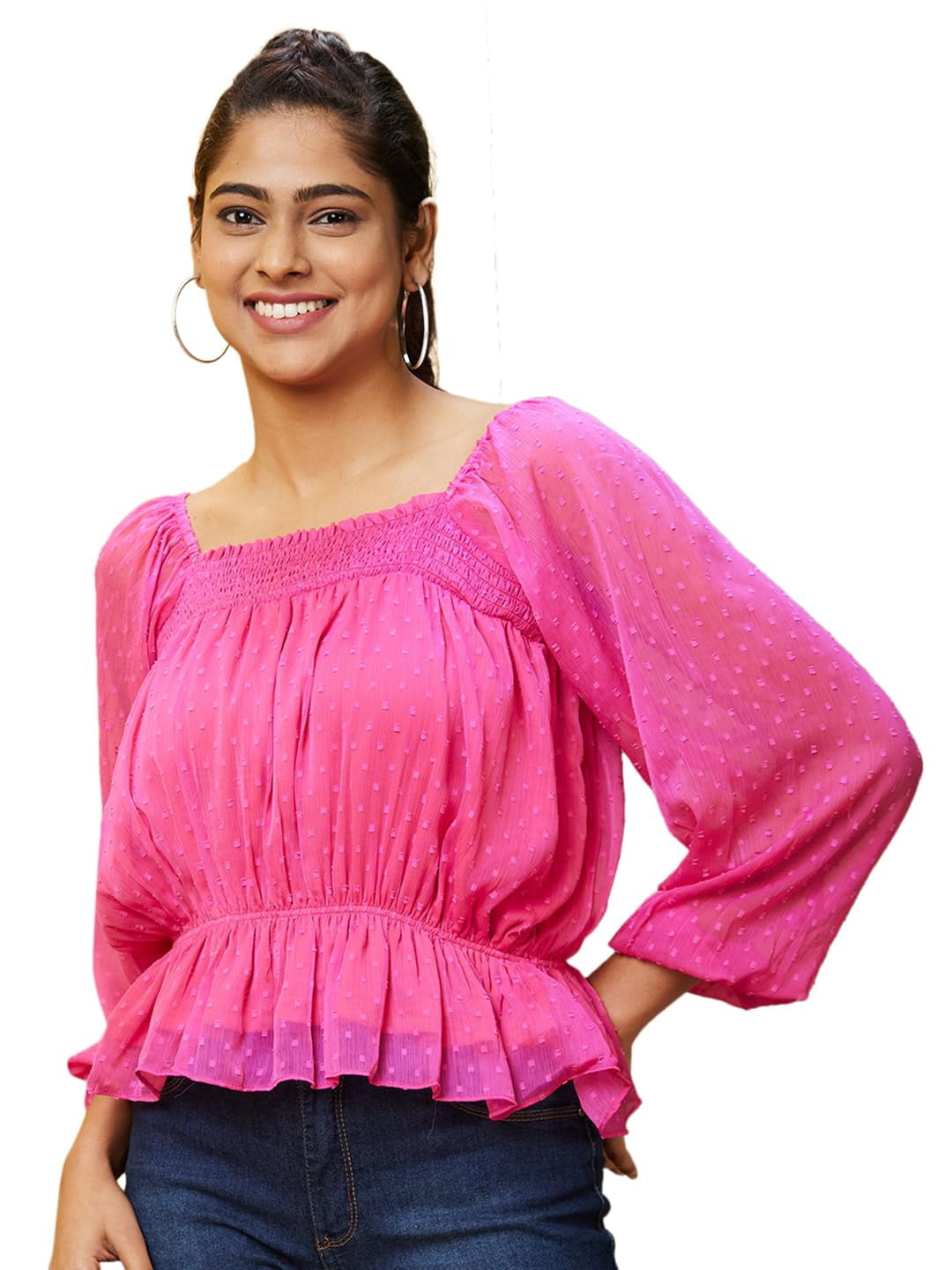 Globus Women Pink Self Design Puff Sleeve Cinched Waist Top - Walmart.com
