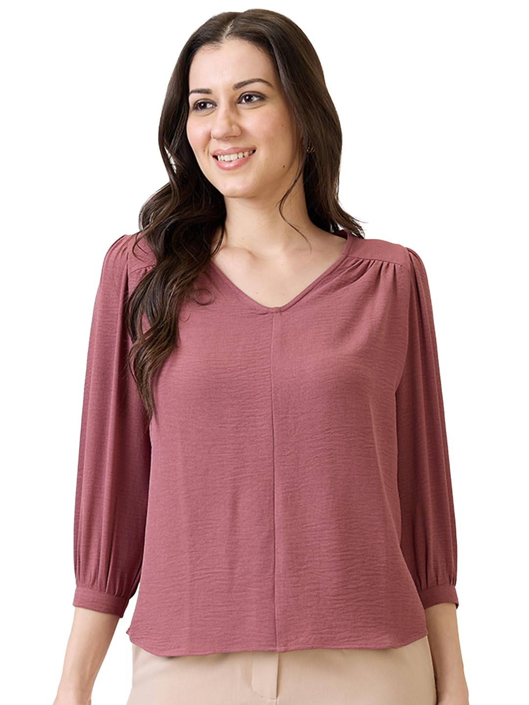 Globus Women Pink Self Design V-Neck Gathered Detail Workwear Top ...
