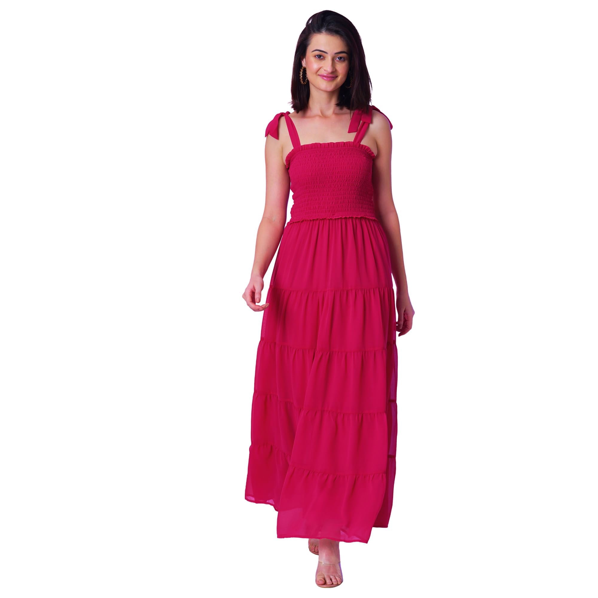 Globus Women Pink Shoulder Straps Smocked Georgette Tiered Fit And ...