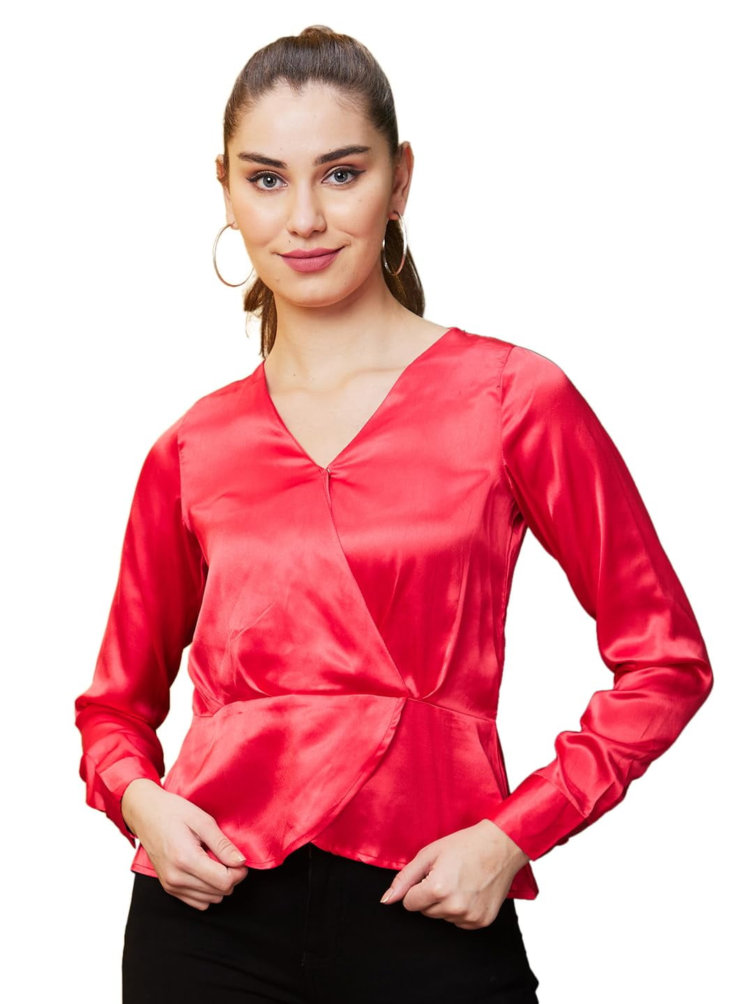 Globus Women Pink V-Neck Satin Wrap Top - Walmart.com