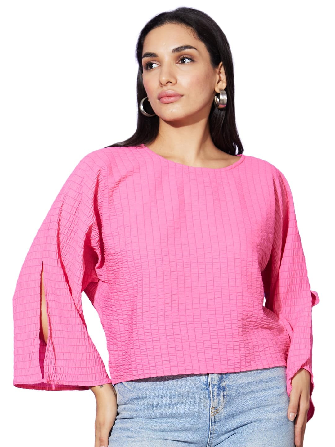 Globus Women Pink Vertical Striped Round Neck Slit Sleeves Boxy Fit ...