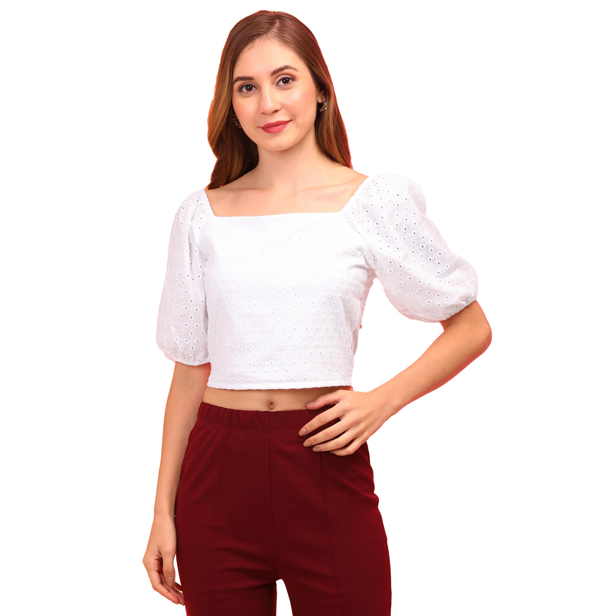 Globus Women Puff Sleeve Cotton Schiffli Crop Top - Walmart.com