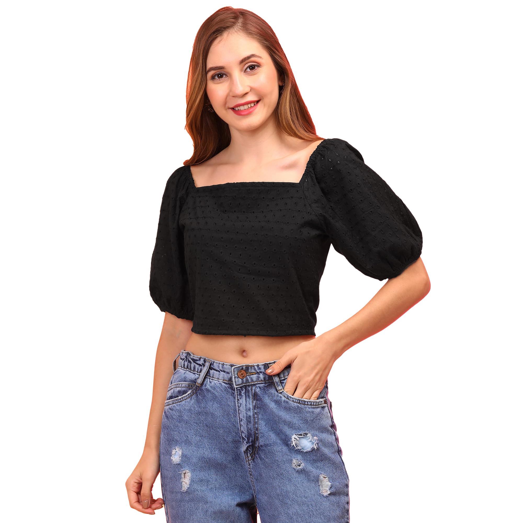 Globus Women Puff Sleeve Cotton Schiffli Crop Top - Walmart.com