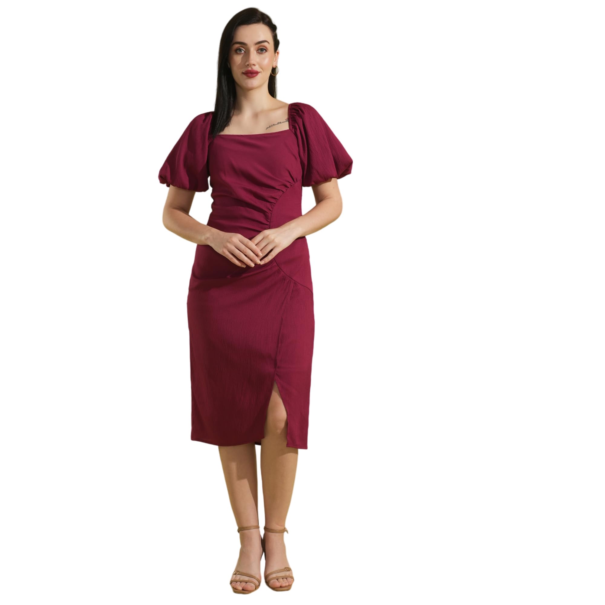 Globus Women Puff Sleeve Sheath Midi Dress - Walmart.com