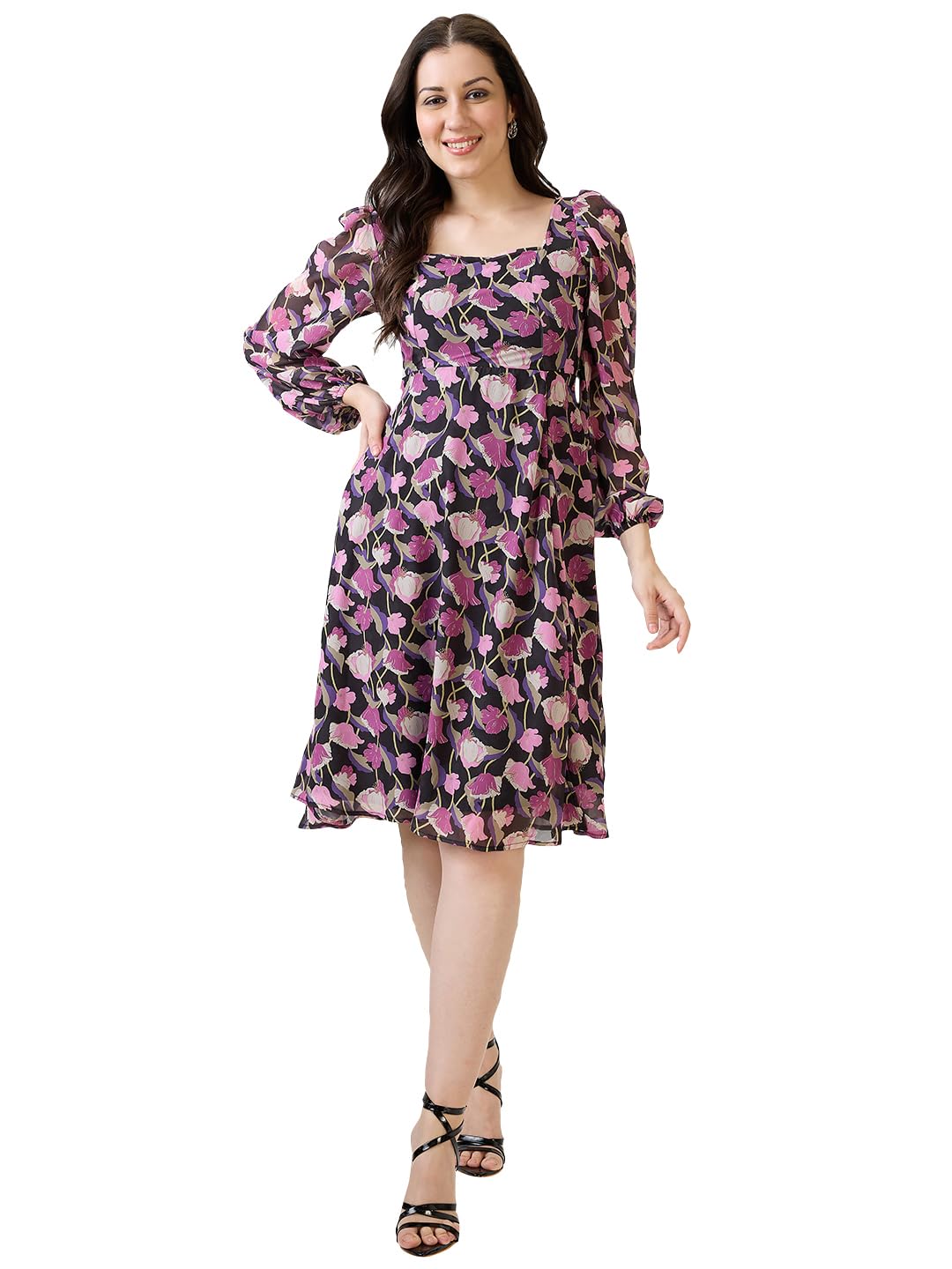 Globus Women Purple Georgette Floral Printed Square Neck Bishop Sleeves ...