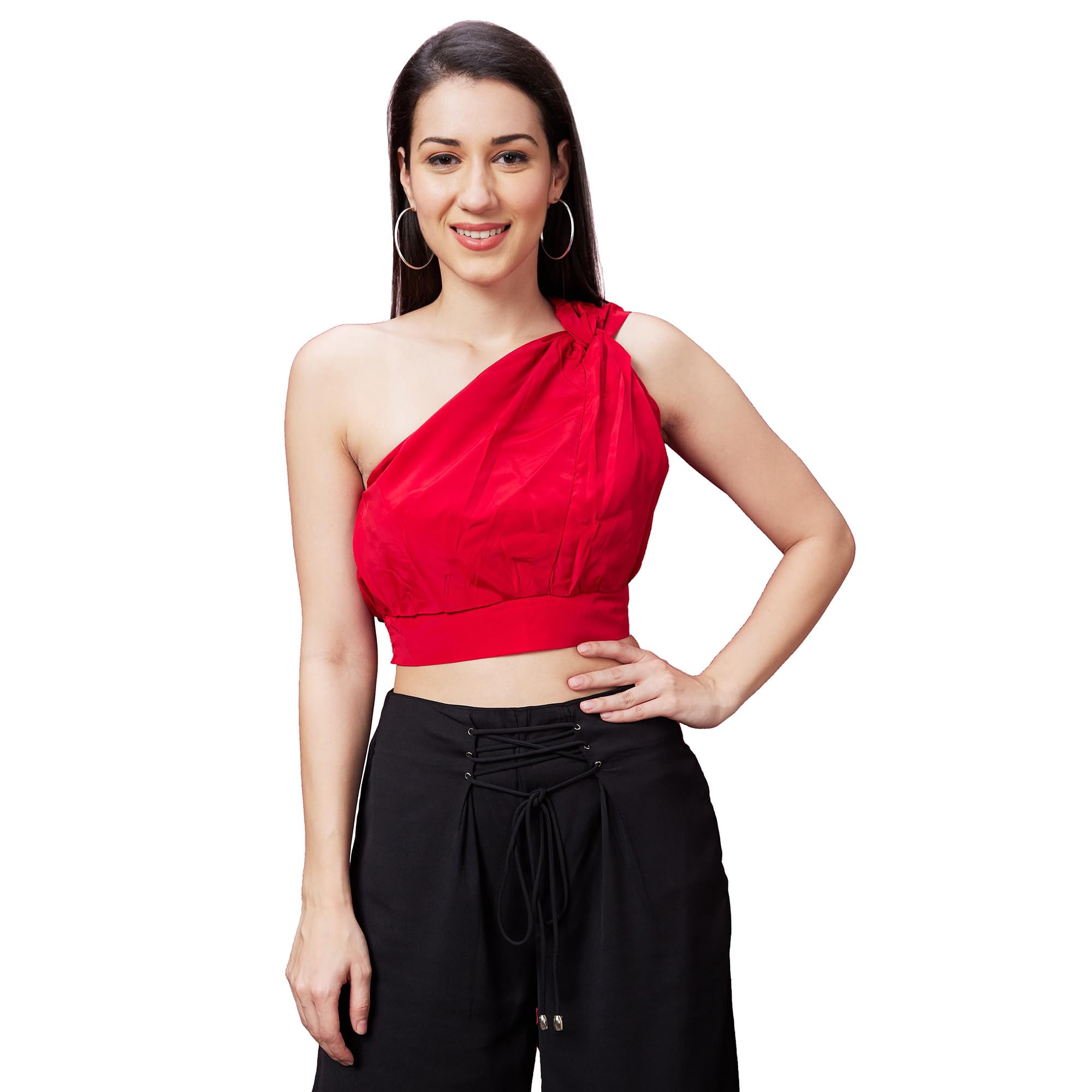 Globus Women Red One Shoulder Twisted Smocked Crepe Crop Top - Walmart.com