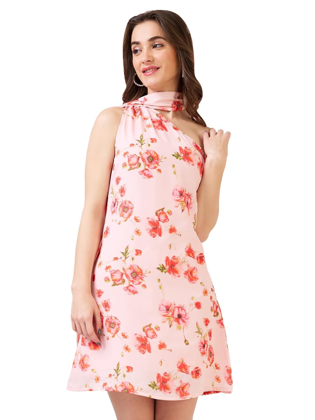 Globus Women Scarf Drape Neck One Shoulder Floral Print Mini A-Line ...