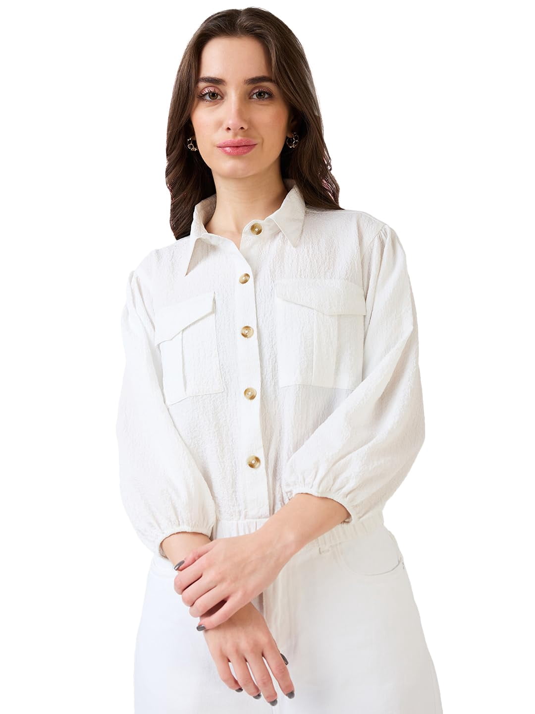 Globus Women Self Design Collar Neck Puff Sleeves Shirt Style Top ...