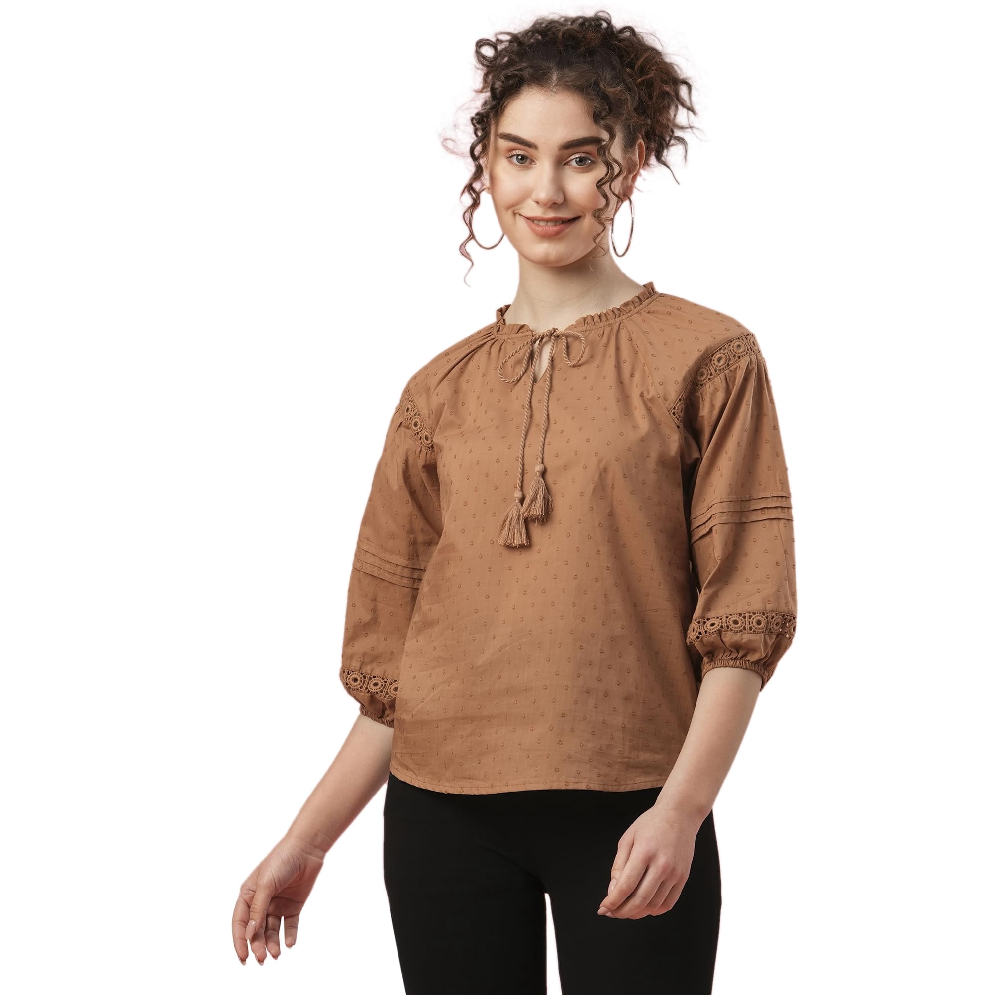 Globus Women Self Design Tie-Up Neck Bishop Sleeves Lace Insert Top ...