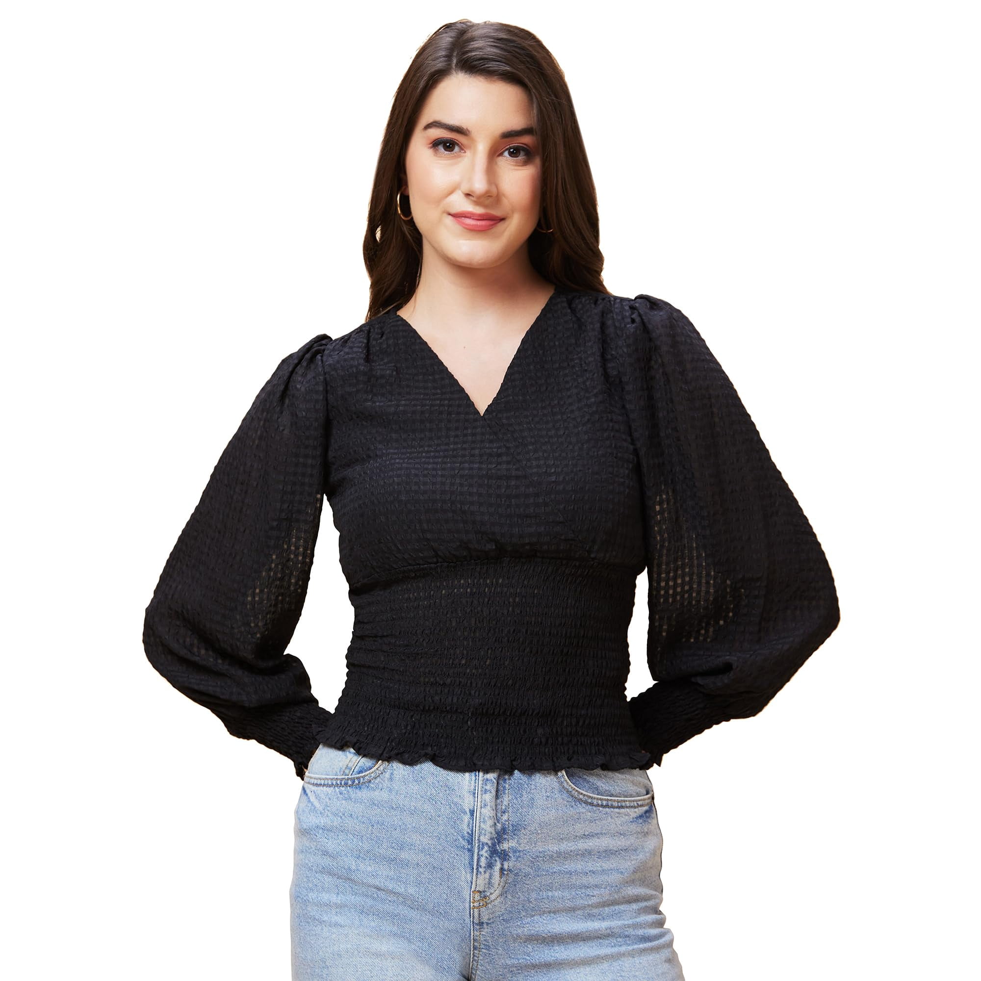 Globus Women Self Designed Smocked Detailed V-Neck Puff Sleeves Top ...