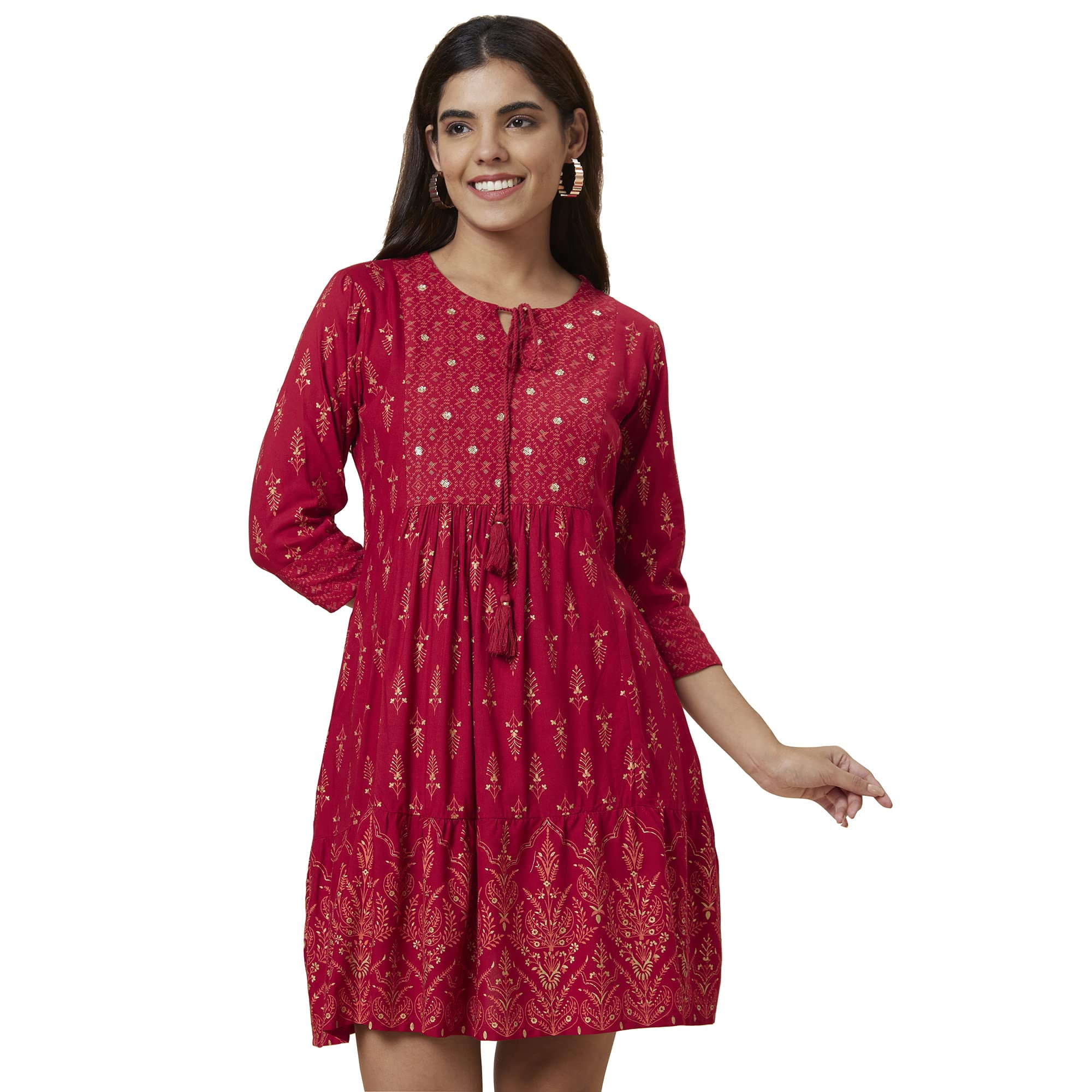 Globus Women Sequinned Yoke Tie-Up Neck A-Line Dress - Walmart.com