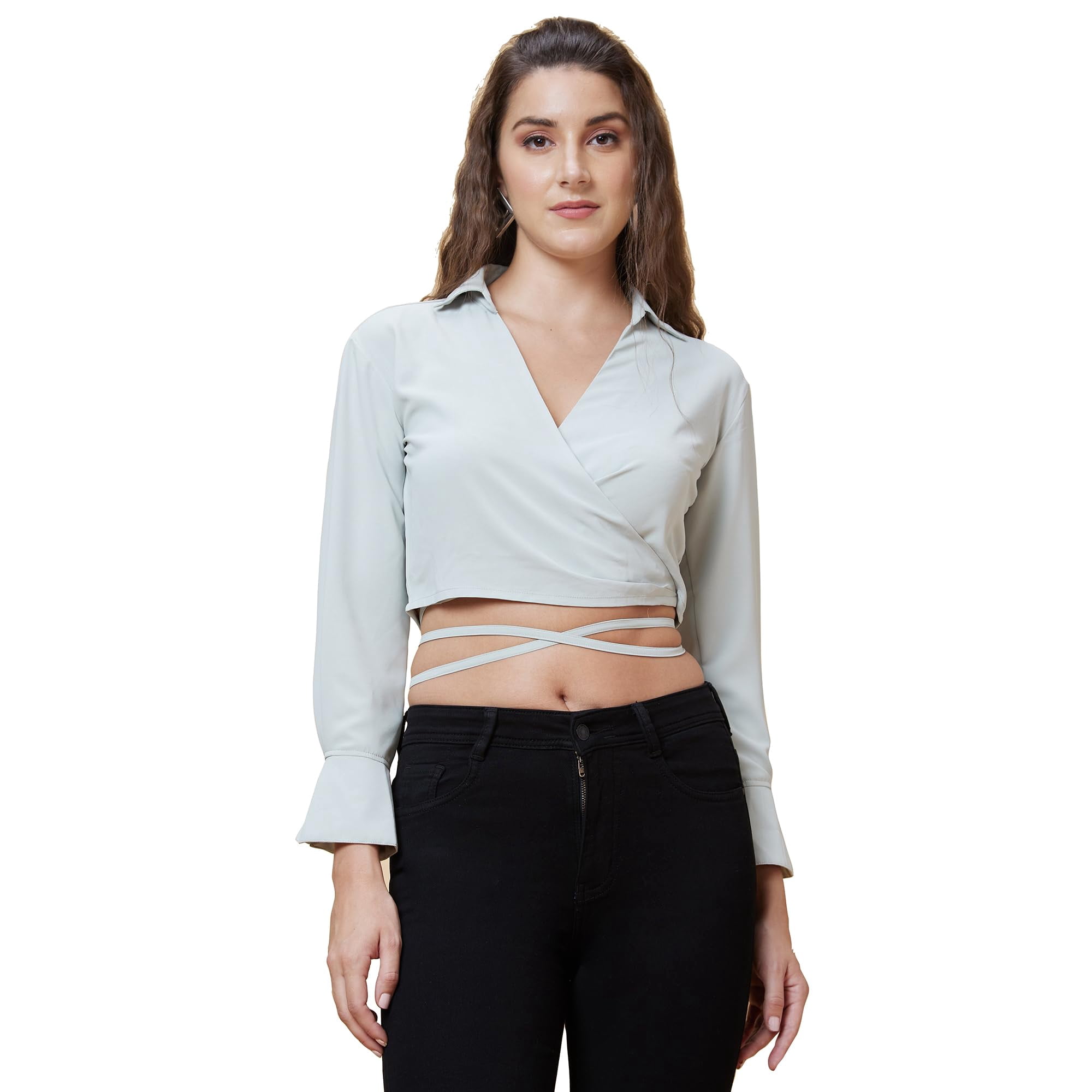 Globus Women Shirt Collar Waist Tie-Up Wrap Crop Top - Walmart.com