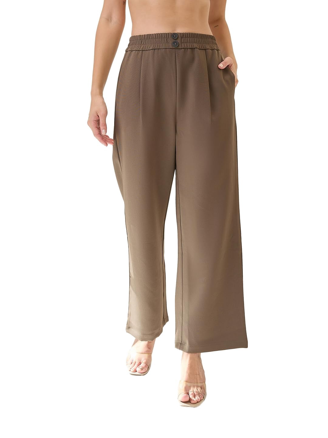 Globus Women Solid Relaxed Fit Mid Rise Elasticated Waist Korean Pants ...