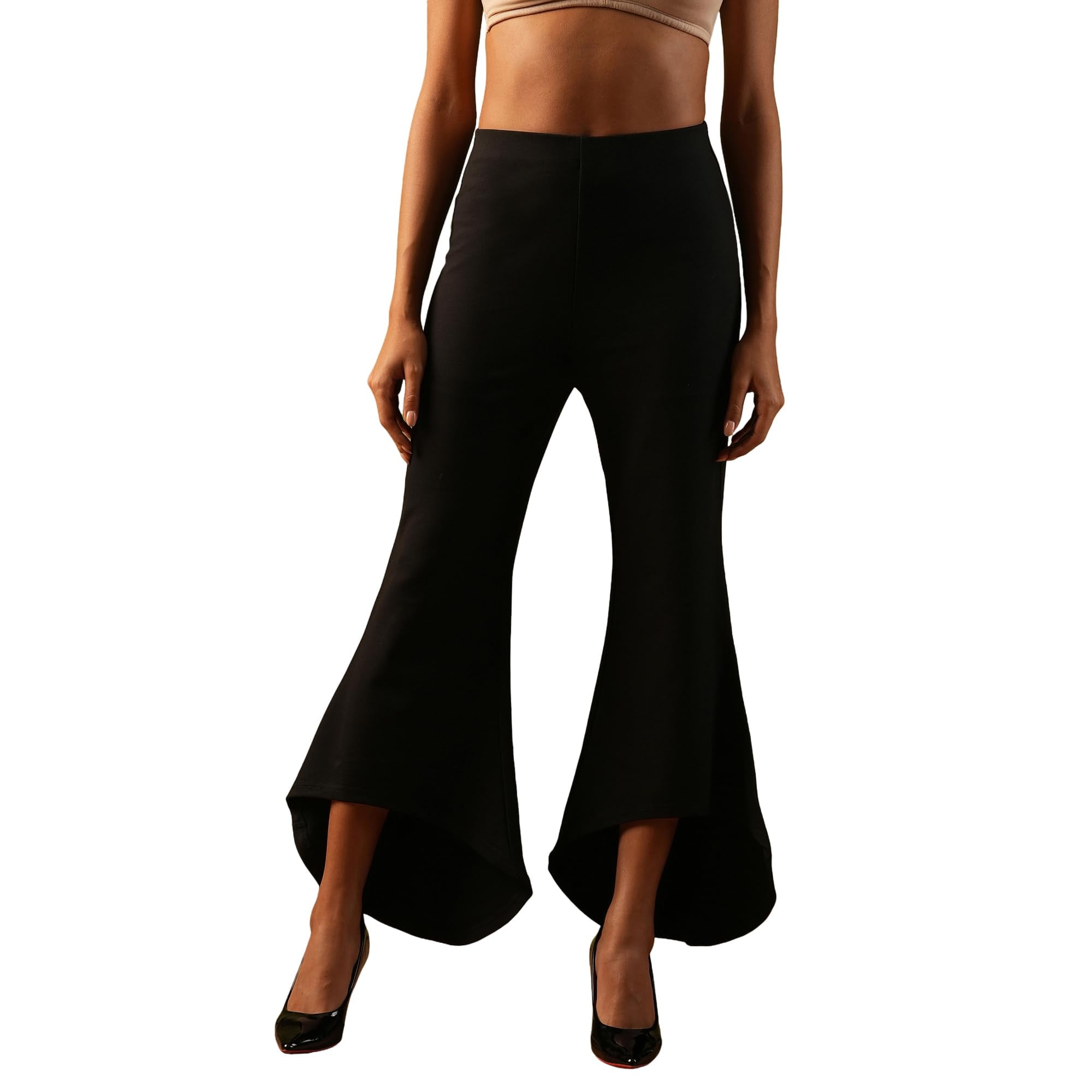 Globus Women Solid Stretchable Mid-Rise High-Low Bottom Hem Flared ...
