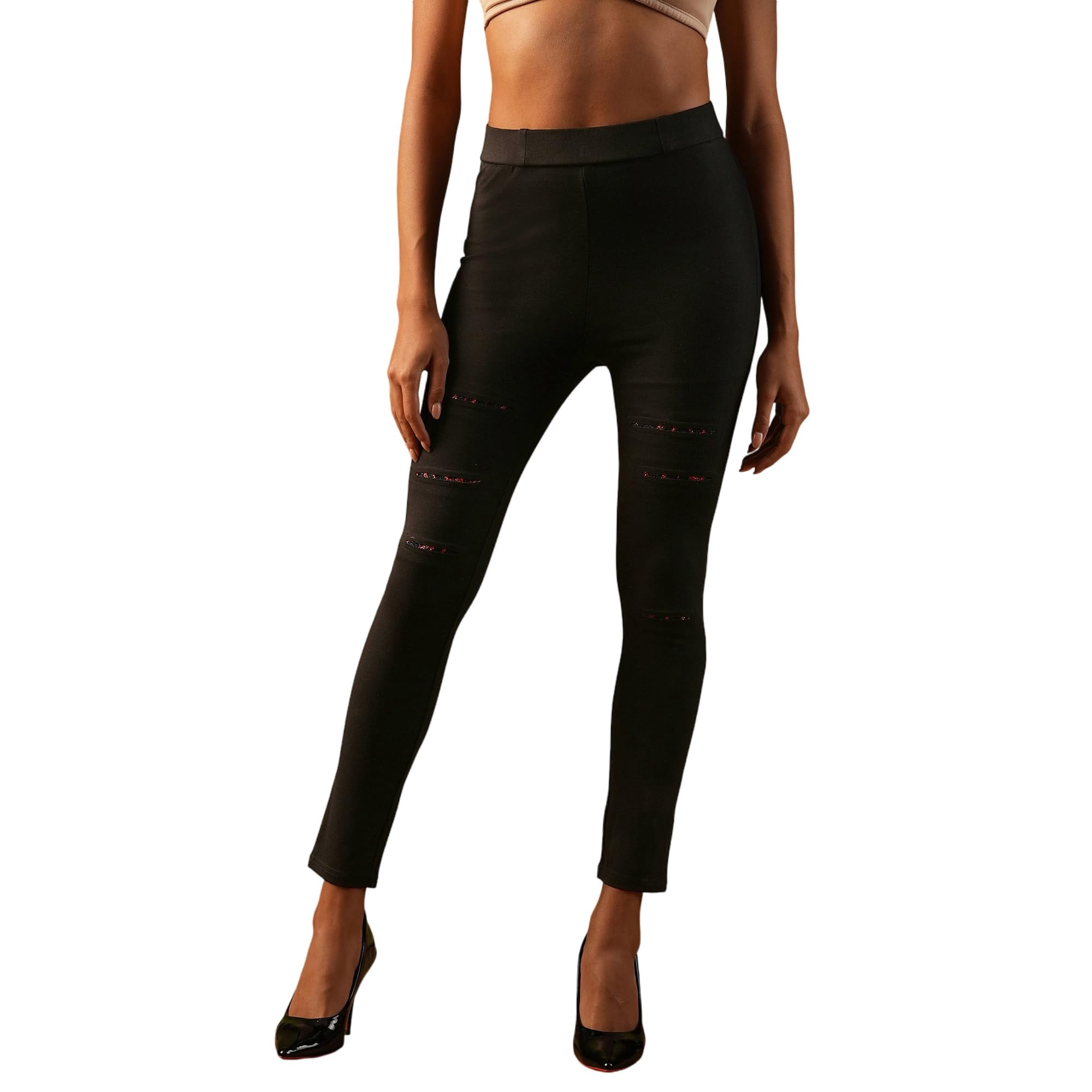 Globus Women Stretchable High-Rise Cut Out Sequin Detail Skinny Fit ...