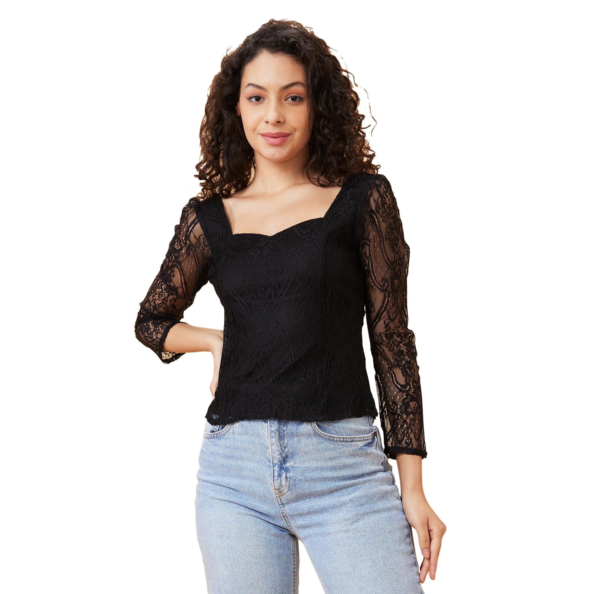 Globus Women Sweetheart Neck Puff Sleeves Smocked Lace Party Top ...