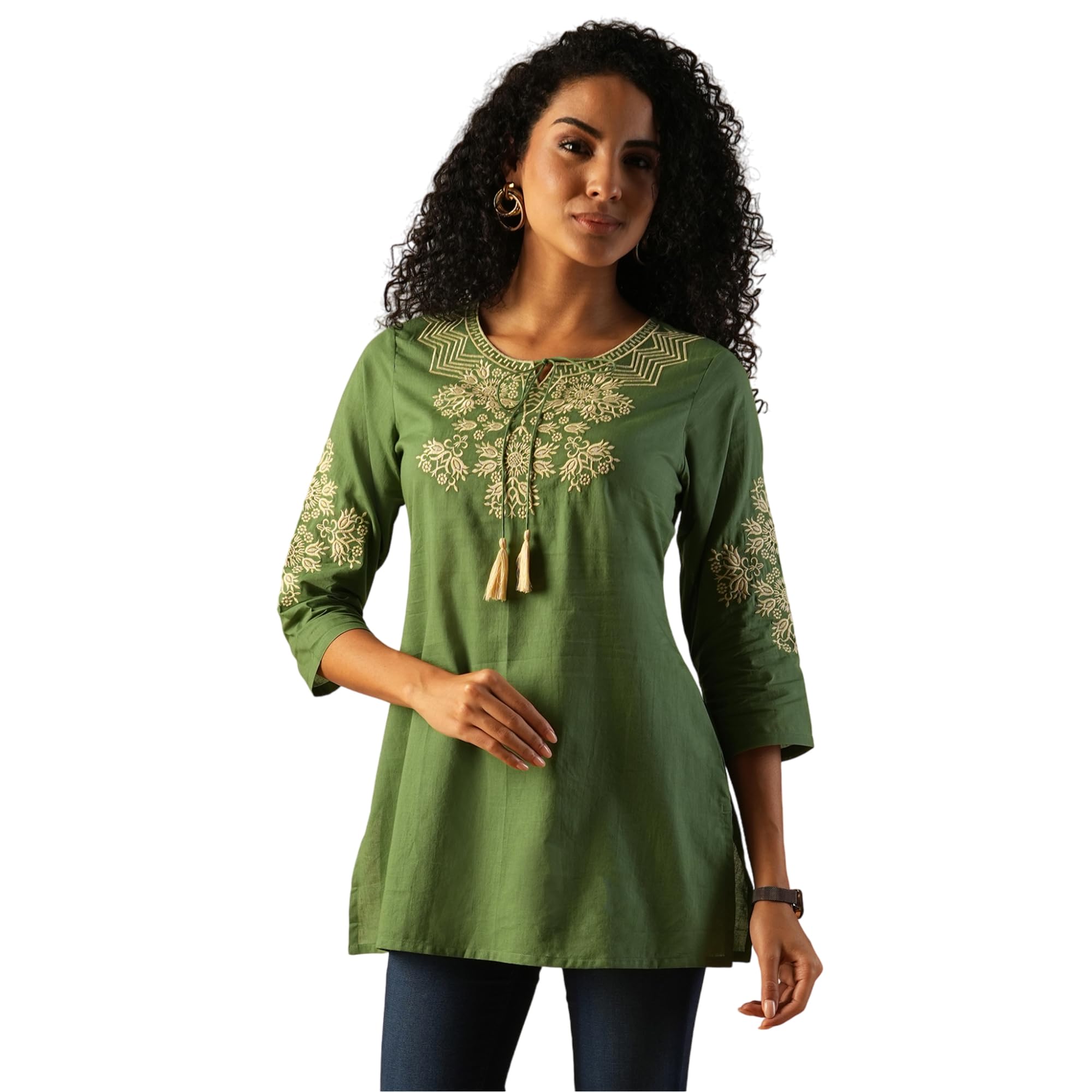 Globus Women Tasselled Tie-Up Neck Embroidered Yoke A-Line Workwear ...