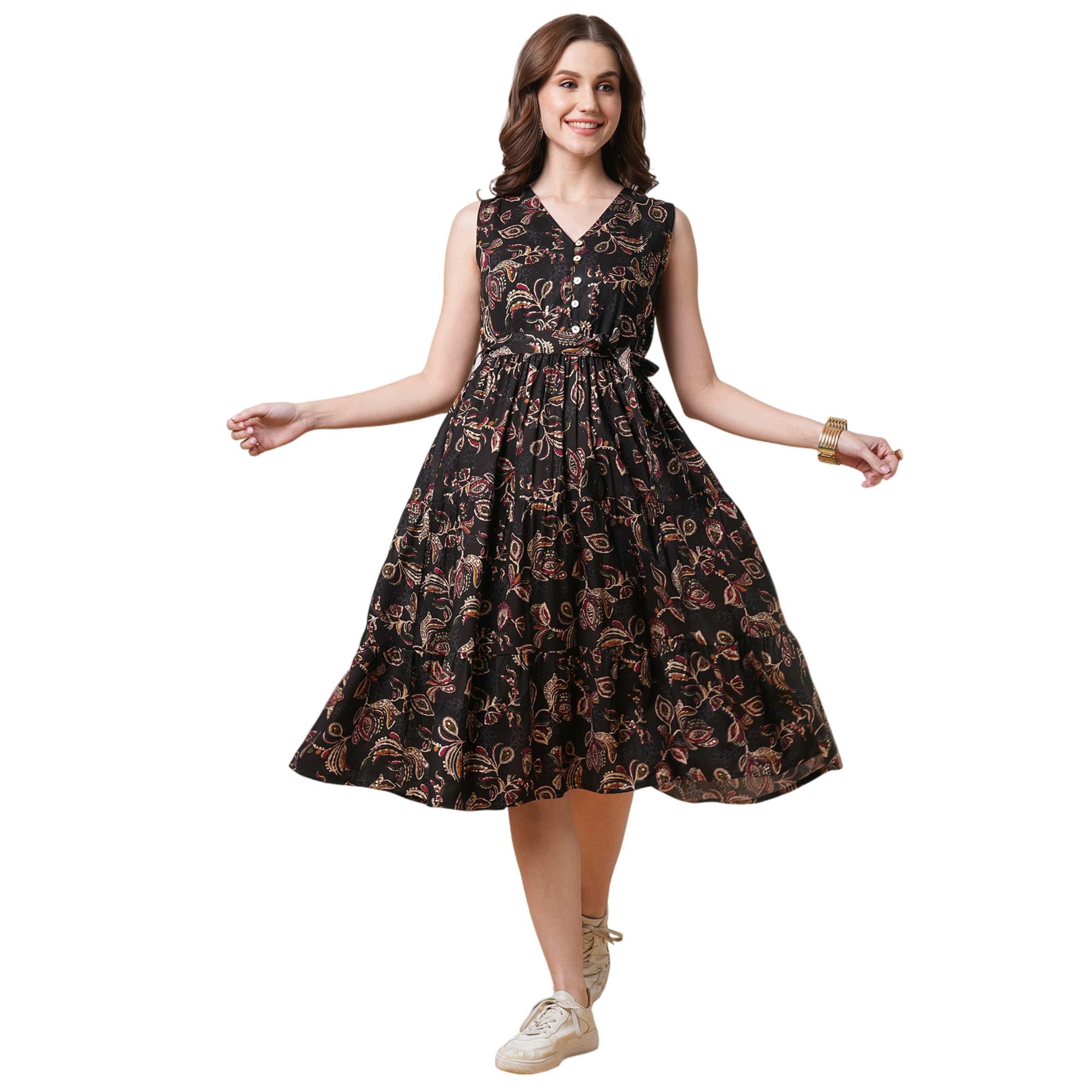 Globus Women V-Neck Allover Floral Printed Tiered Midi Fit & Flare ...