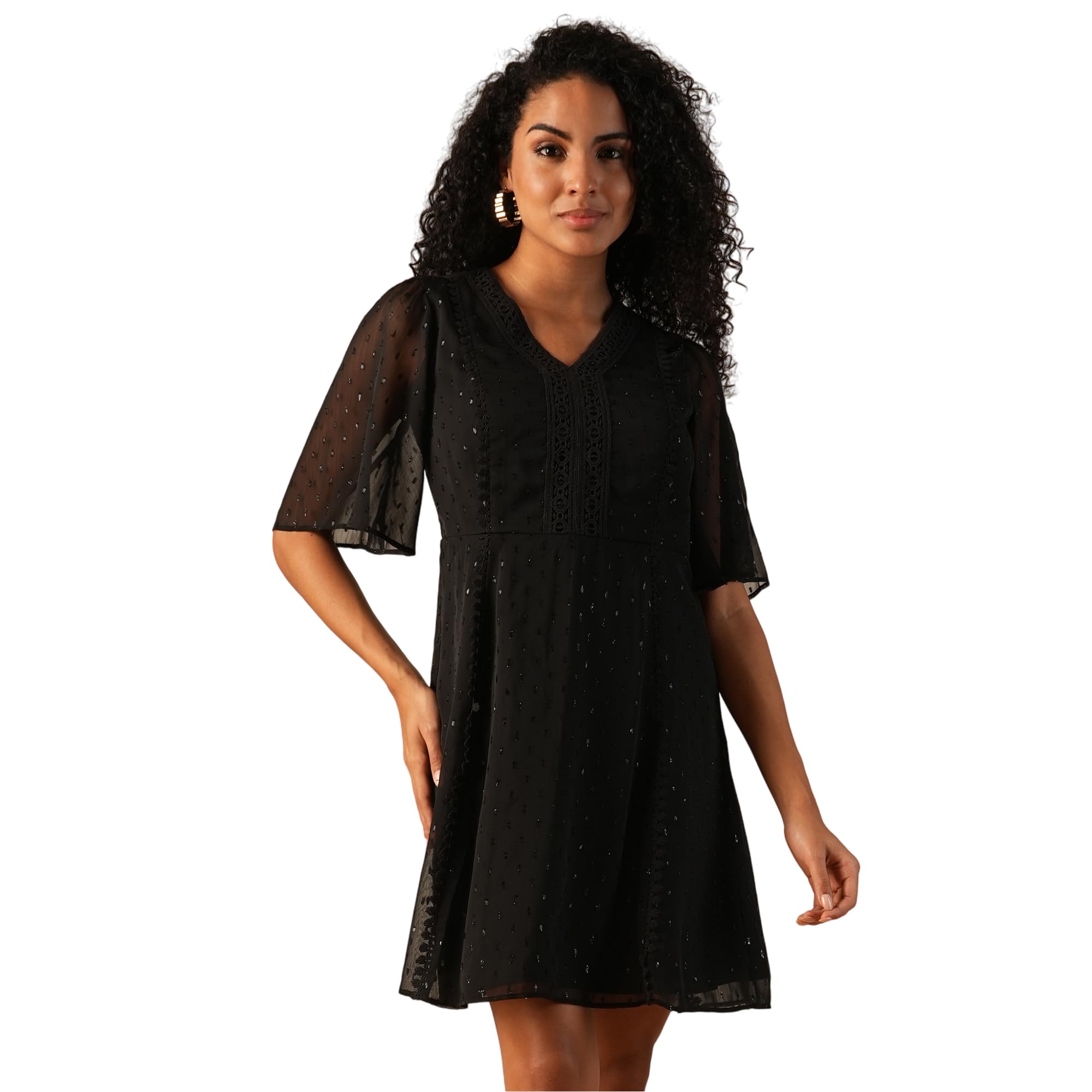 Globus Women V-Neck Flared Sleeves Shiny Self Design Lace Inserts Mini ...