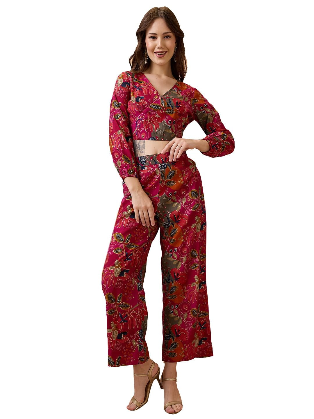 Globus Women V-Neck Floral Print Crop Top With Wide Leg Pants Fusion Co ...