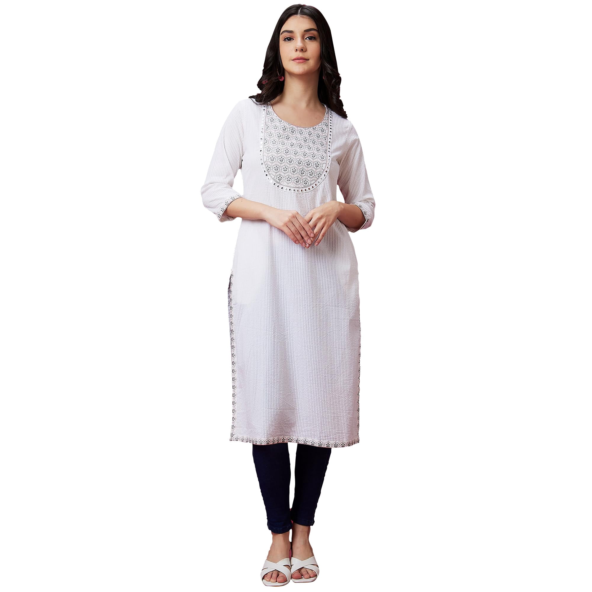 Globus Women White Ethnic Motifs Embroidered Mirror Work Cotton Kurta ...
