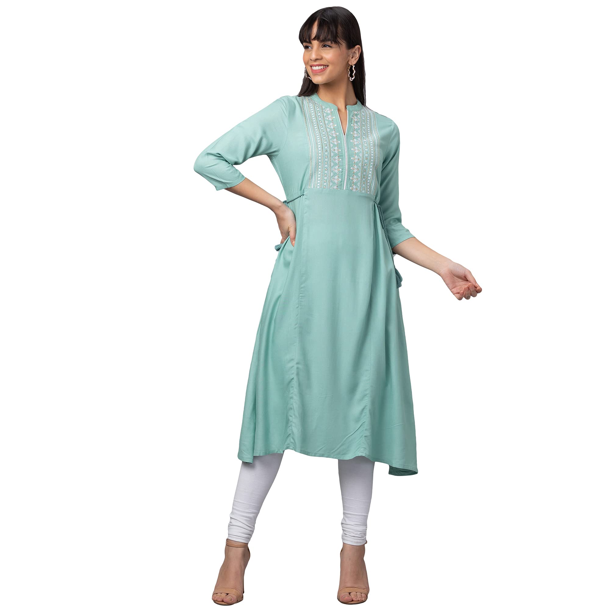 Globus Women Yoke Design Band Collar Thread Work Kurta - Walmart.com