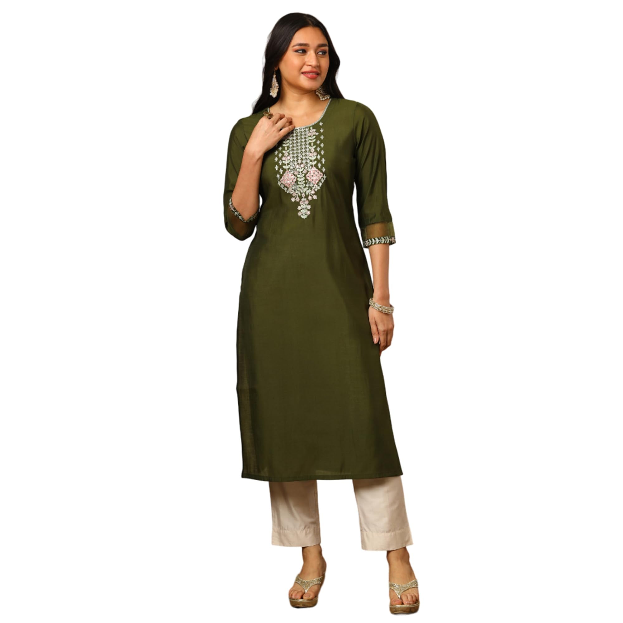 Globus Women Yoke Design Keyhole Neck Thread Work Kurta - Walmart.com